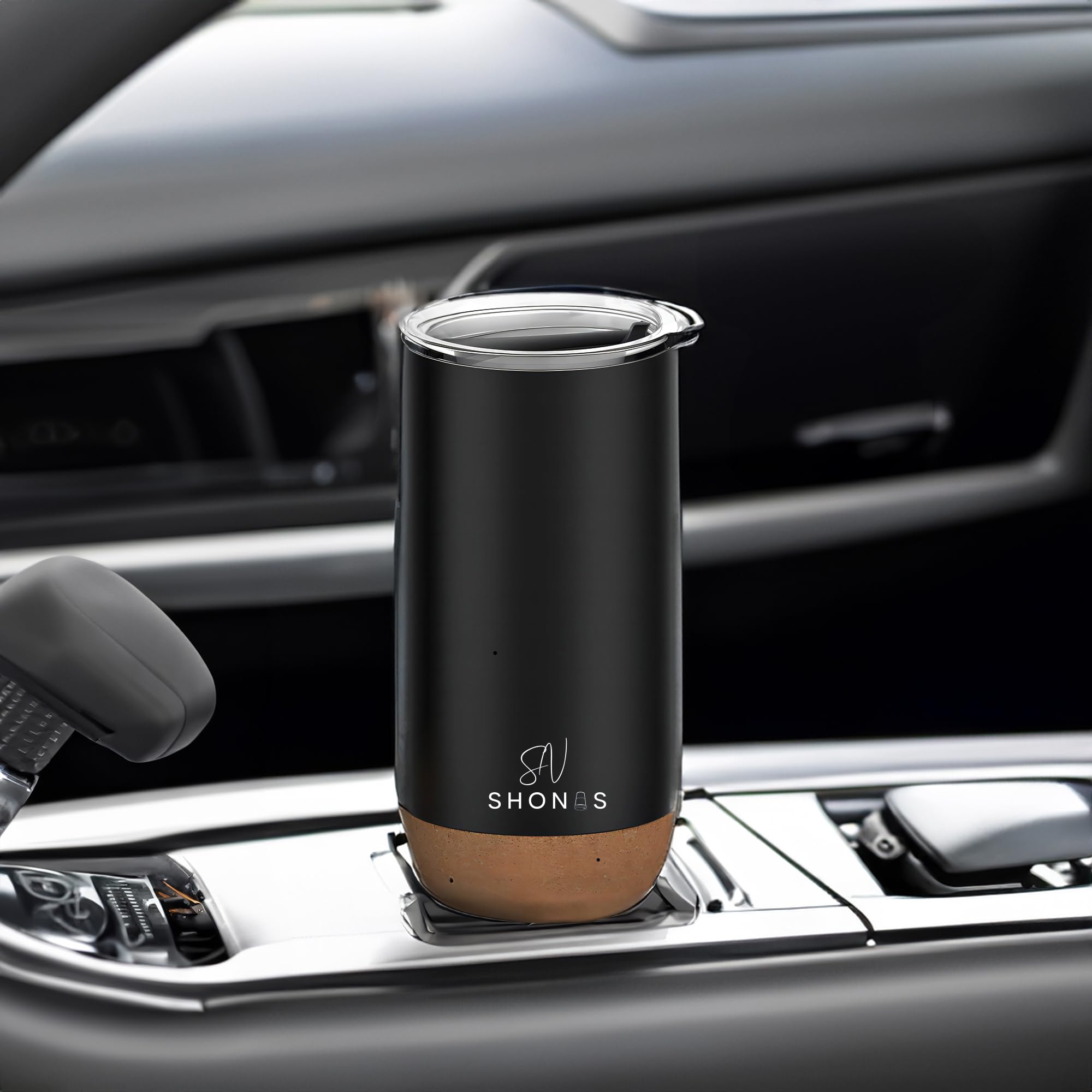 SHONAS 16oz Vacuum-Insulated Double Wall Stainless Steel Travel Thermal Mug: Hot/Cold for Hours, Non-slip Cork Bottom, Leak-Proof One-button Push Lid, BPA-Free, Black & White (Sleek Black)