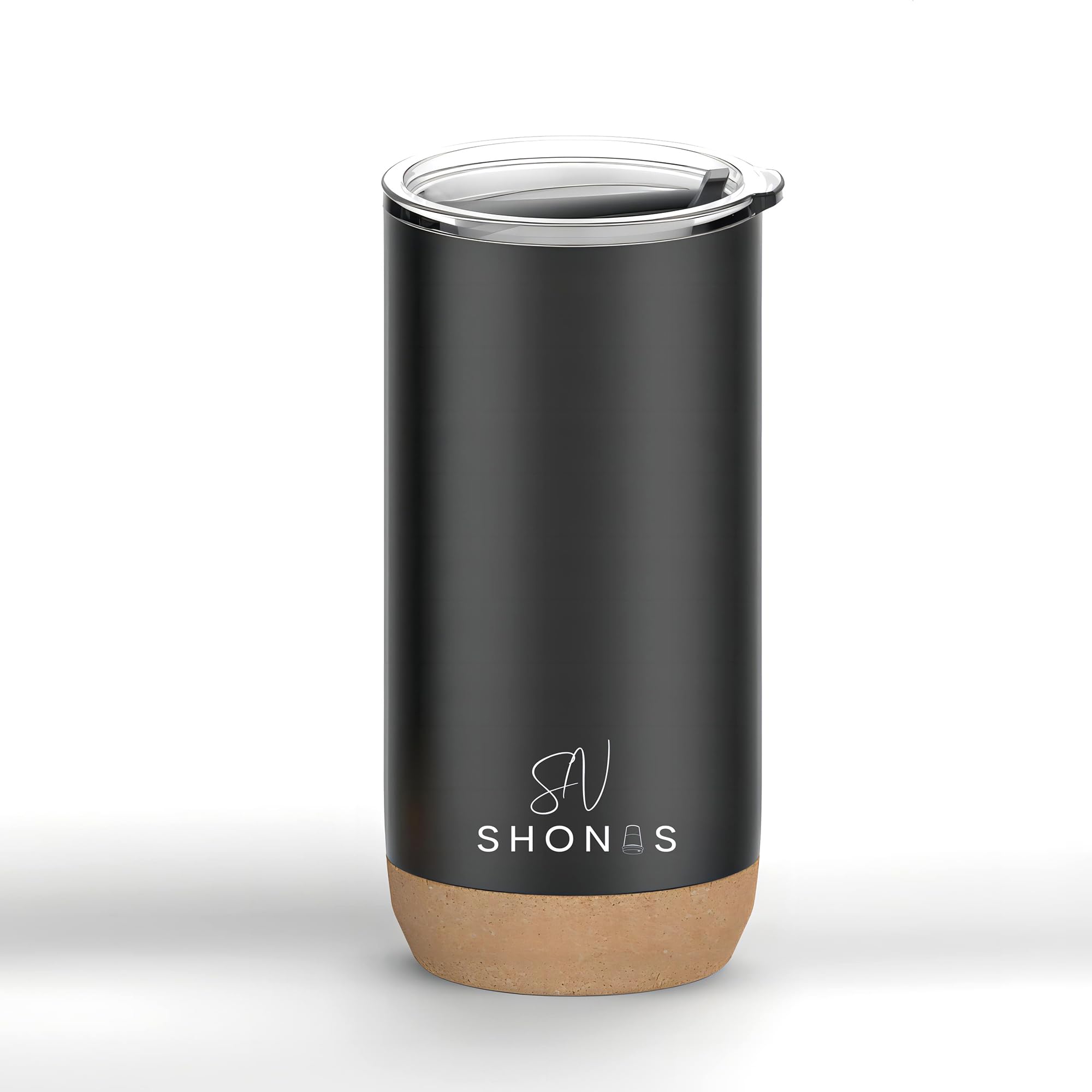 SHONAS 16oz Vacuum-Insulated Double Wall Stainless Steel Travel Thermal Mug: Hot/Cold for Hours, Non-slip Cork Bottom, Leak-Proof One-button Push Lid, BPA-Free, Black & White (Sleek Black)