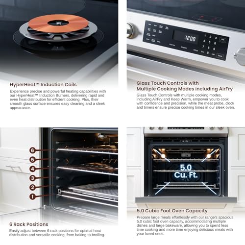 RANGAIRE RRI303GS 30" Range, 4 Induction Burners, 5.0 cu. Ft. Capacity, Freestanding Slide-in AirFry, True Convection Oven, Self Cleaning, Easy Reach Racks, Glass Touch, Stainless Steel