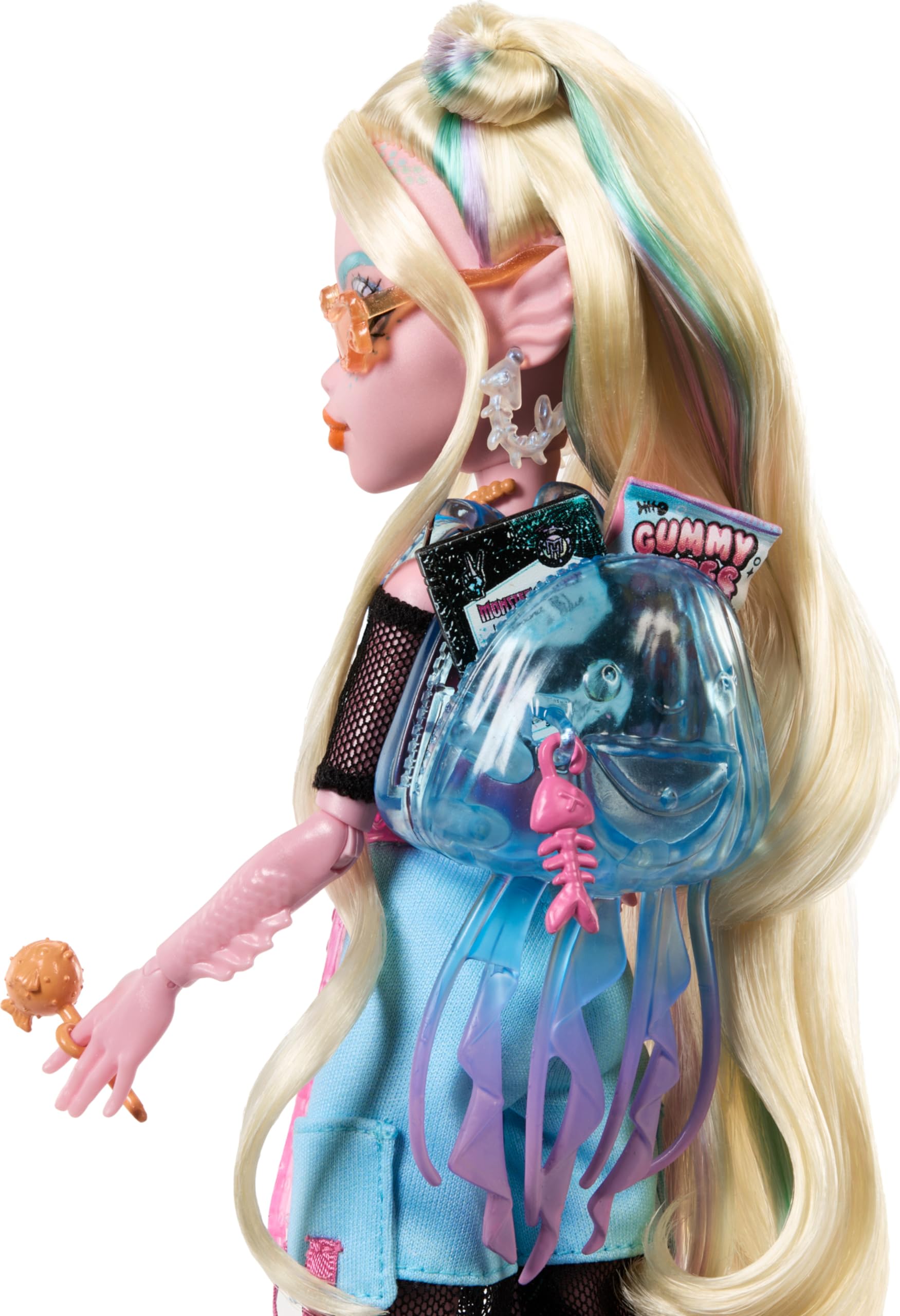 Monster High Lagoona Blue Doll in Mesh Tee and Cargo Pants, Includes Pet Fish Neptuna and Accessories Like a Backpack, Snack and Notebook