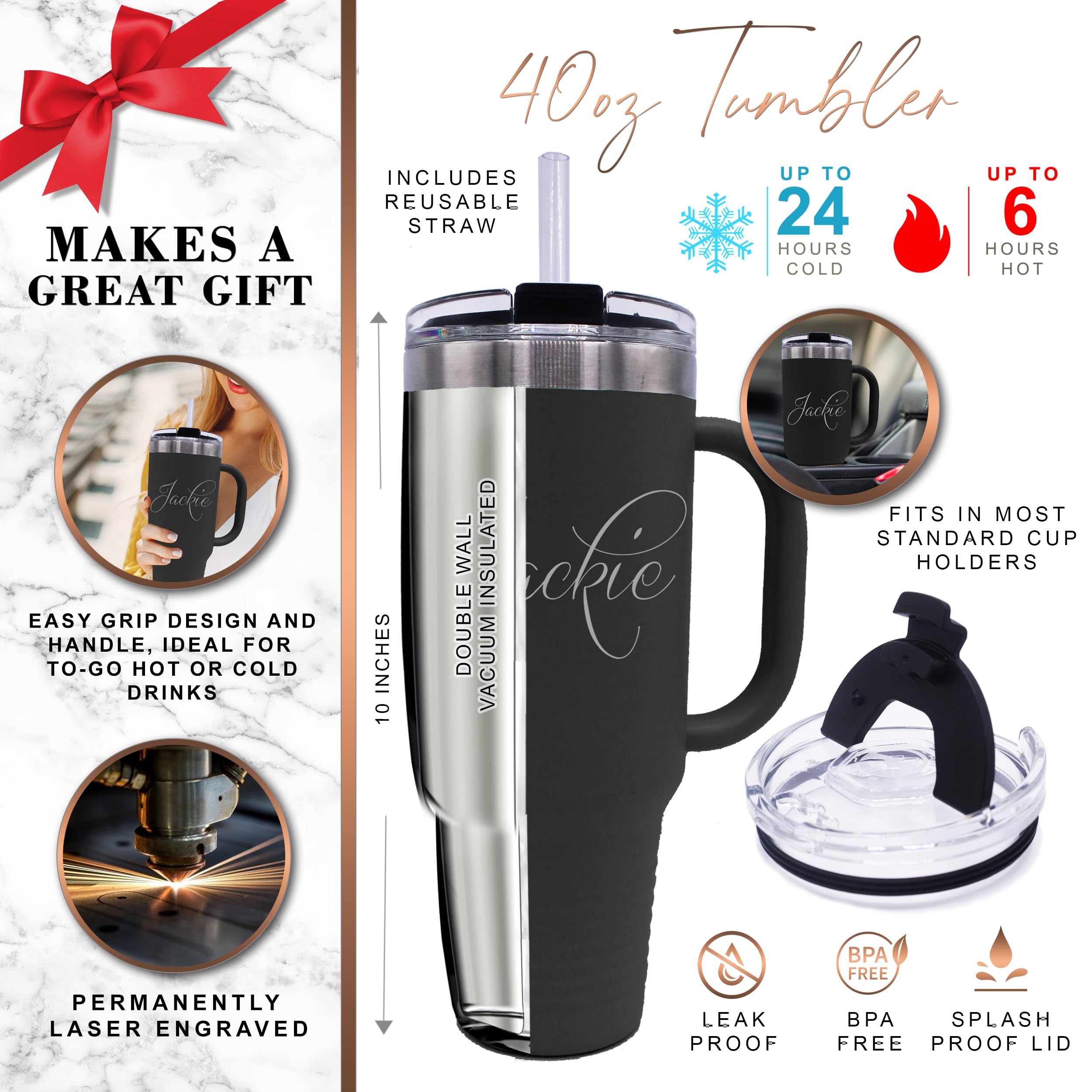 The Wedding Party Store Custom Monogrammed 40 oz Tumbler with Handle, Lid and Straw - Personalized Insulated Stainless Steel Large Cup (Black)