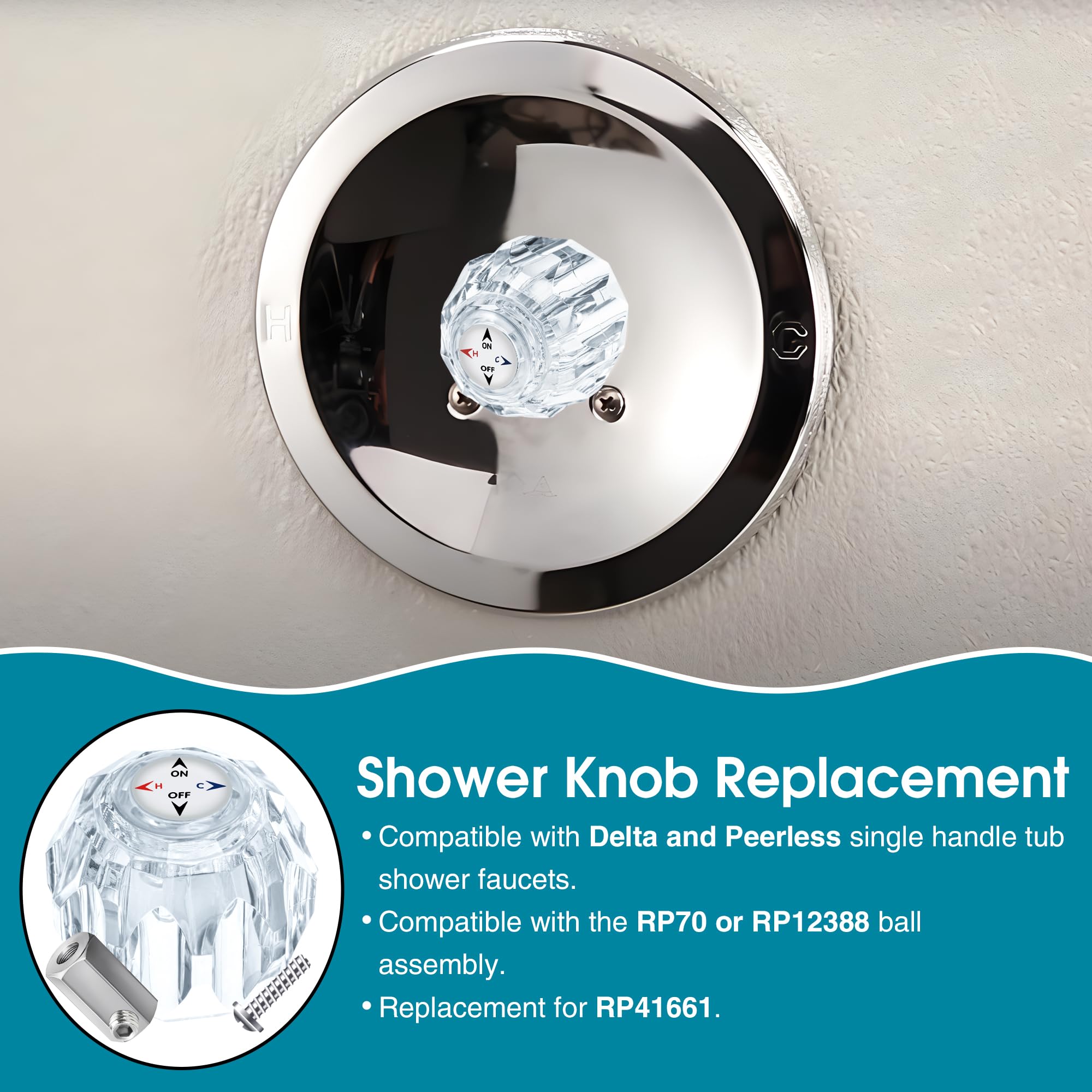 Dreyoo Shower Faucet Handle Replacement for RP41661, Compatible with Delta and Peerless Single Handle Tub Faucets, Knob with Button, Screw and Connector, Clear Acrylic