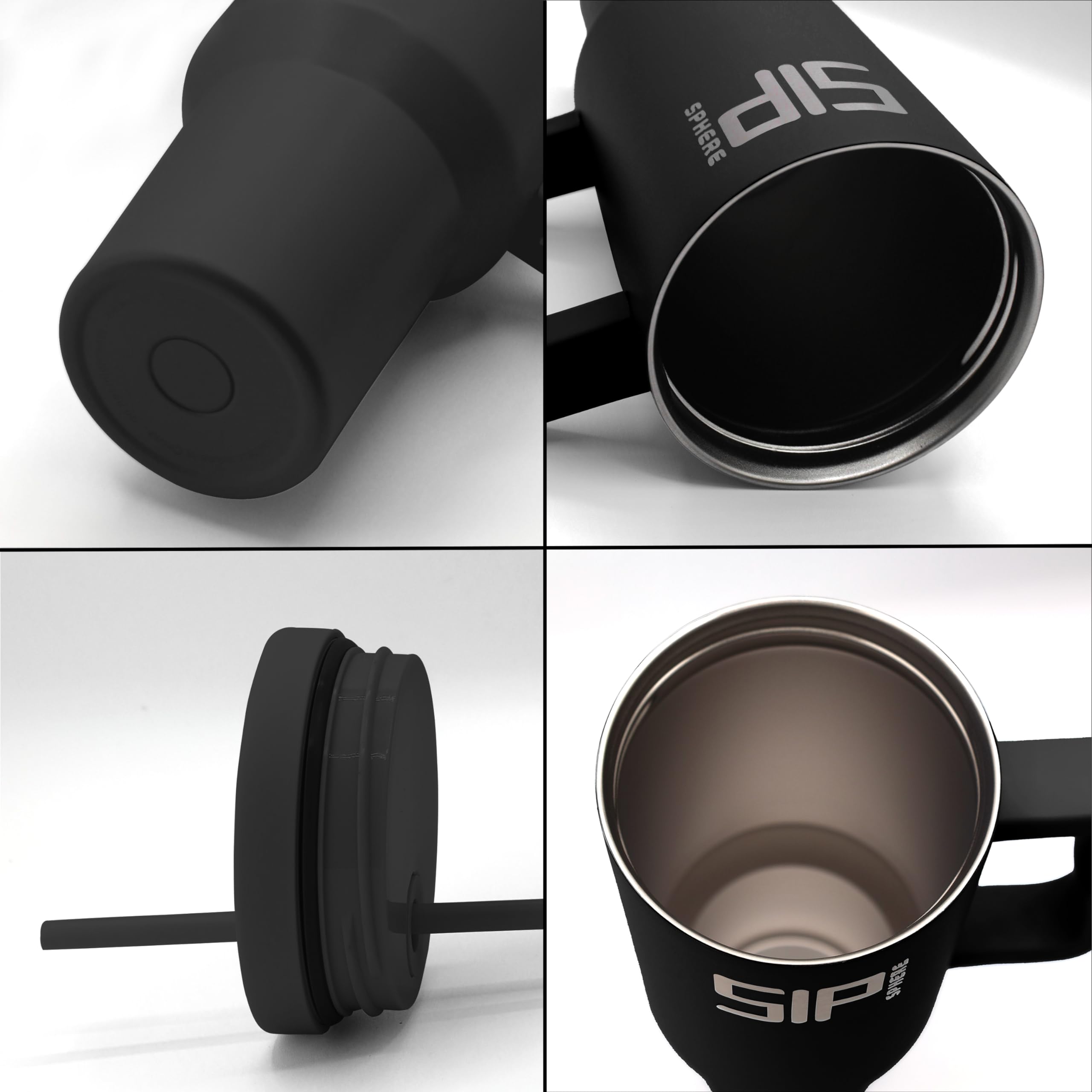 SIP SPHERE 40oz, Travel Mug, Insulated Thermal Mug, 2 Straw Tumbler, Reusable Coffee Mug, Drinking Glass, Tumbler Cup for Coffee, Tea, Whiskey, Juice (Midnight Black)