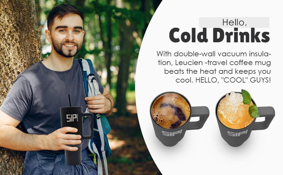 SIP SPHERE 40oz, Travel Mug, Insulated Thermal Mug, 2 Straw Tumbler, Reusable Coffee Mug, Drinking Glass, Tumbler Cup for Coffee, Tea, Whiskey, Juice (Midnight Black)