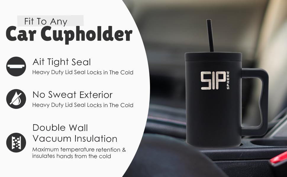 SIP SPHERE 40oz, Travel Mug, Insulated Thermal Mug, 2 Straw Tumbler, Reusable Coffee Mug, Drinking Glass, Tumbler Cup for Coffee, Tea, Whiskey, Juice (Midnight Black)