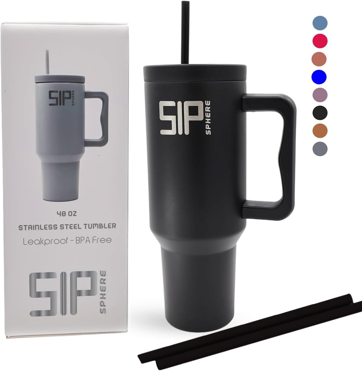 SIP SPHERE 40oz, Travel Mug, Insulated Thermal Mug, 2 Straw Tumbler, Reusable Coffee Mug, Drinking Glass, Tumbler Cup for Coffee, Tea, Whiskey, Juice (Midnight Black)