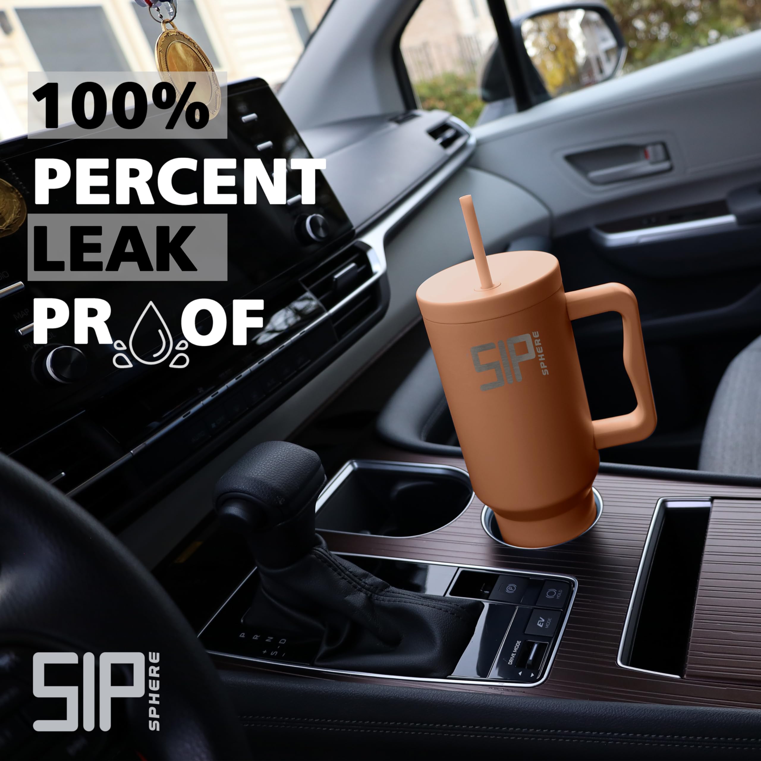 SIP SPHERE Tumbler 40oz Insulated Travel Mug with 2 Straws Double Wall Vacuum Insulated Car Cup Keeps Drinks Hot & Cold (Brown)