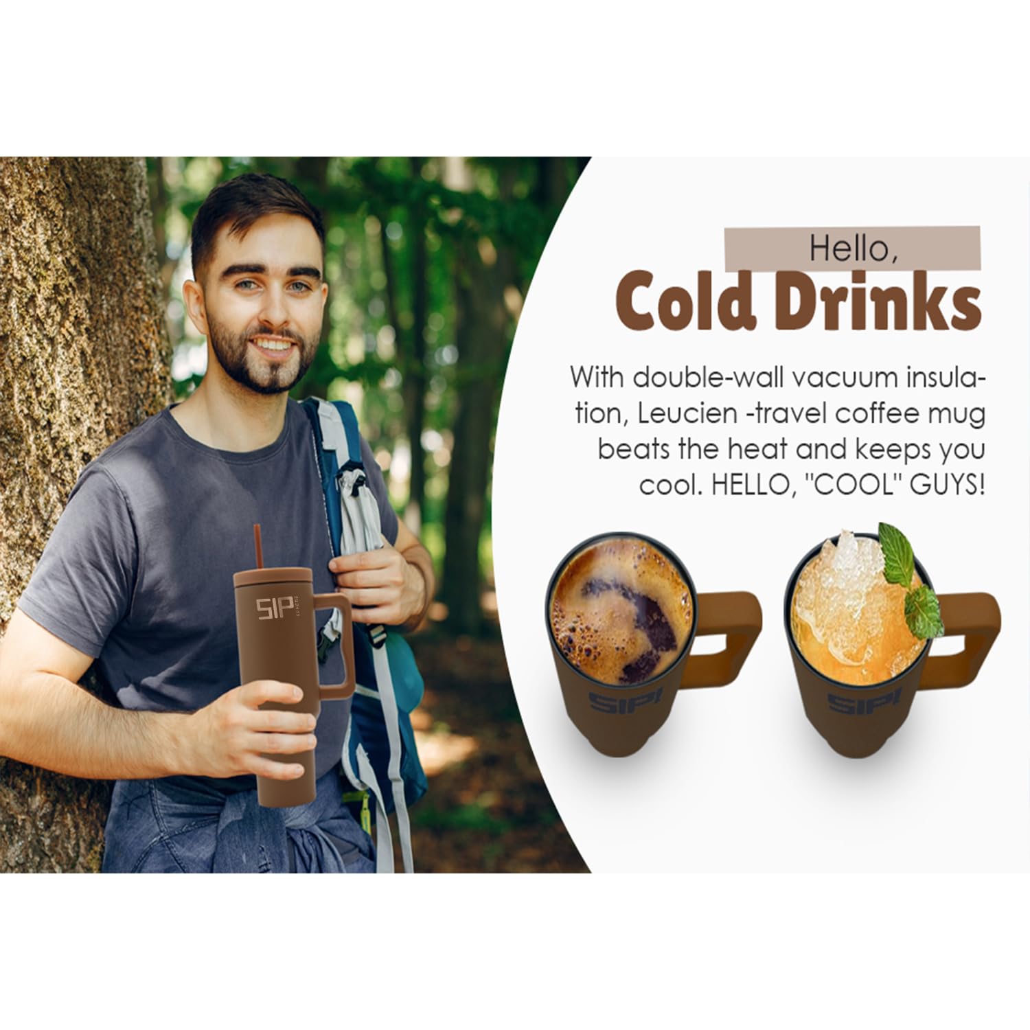 SIP SPHERE Tumbler 40oz Insulated Travel Mug with 2 Straws Double Wall Vacuum Insulated Car Cup Keeps Drinks Hot & Cold (Brown)