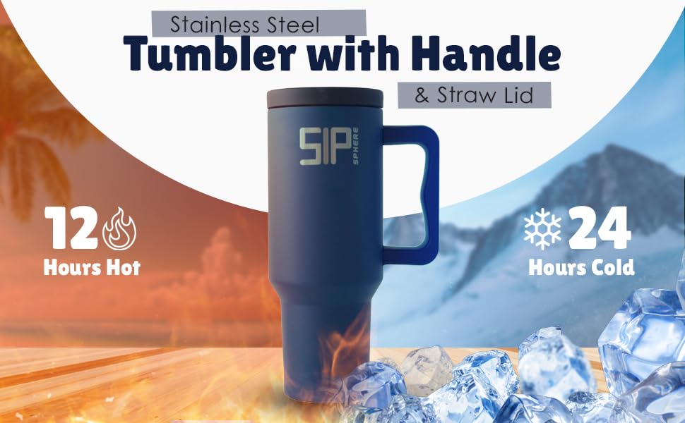 SIP SPHERE Tumbler 40oz Insulated Travel Mug with 2 Straws Double Wall Vacuum Insulated Car Cup Keeps Drinks Hot & Cold (Dark Blue)