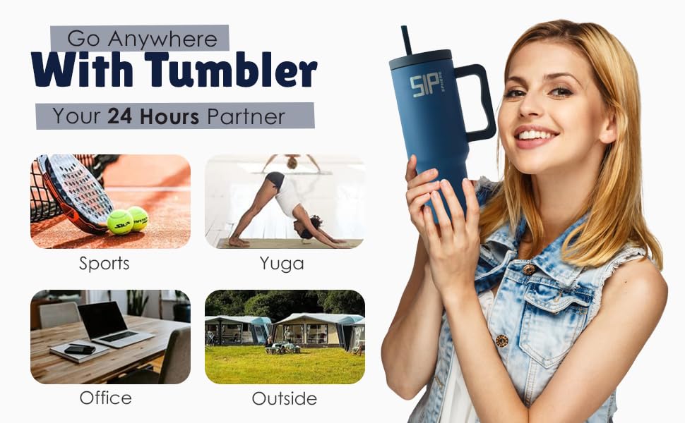 SIP SPHERE Tumbler 40oz Insulated Travel Mug with 2 Straws Double Wall Vacuum Insulated Car Cup Keeps Drinks Hot & Cold (Dark Blue)
