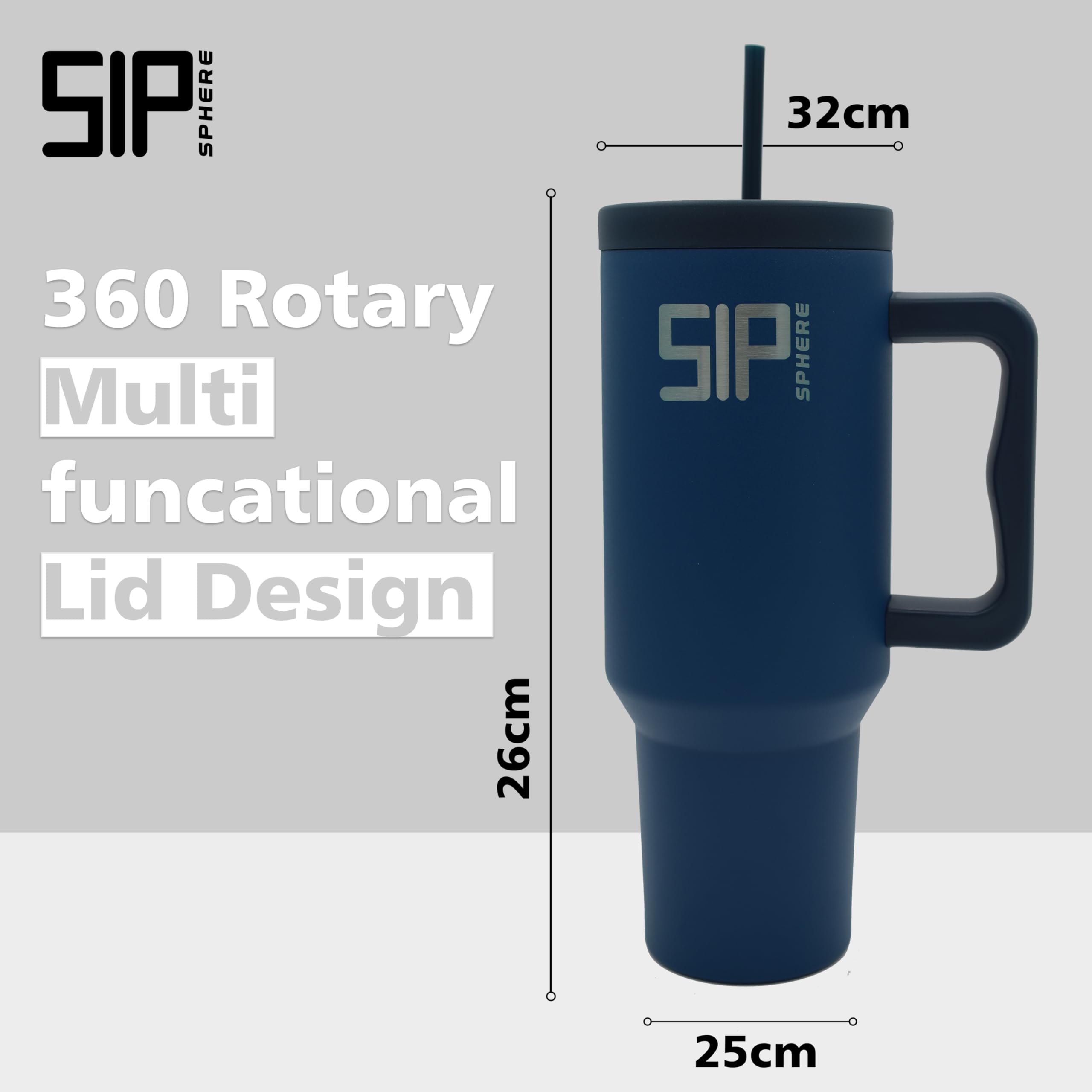 SIP SPHERE Tumbler 40oz Insulated Travel Mug with 2 Straws Double Wall Vacuum Insulated Car Cup Keeps Drinks Hot & Cold (Dark Blue)