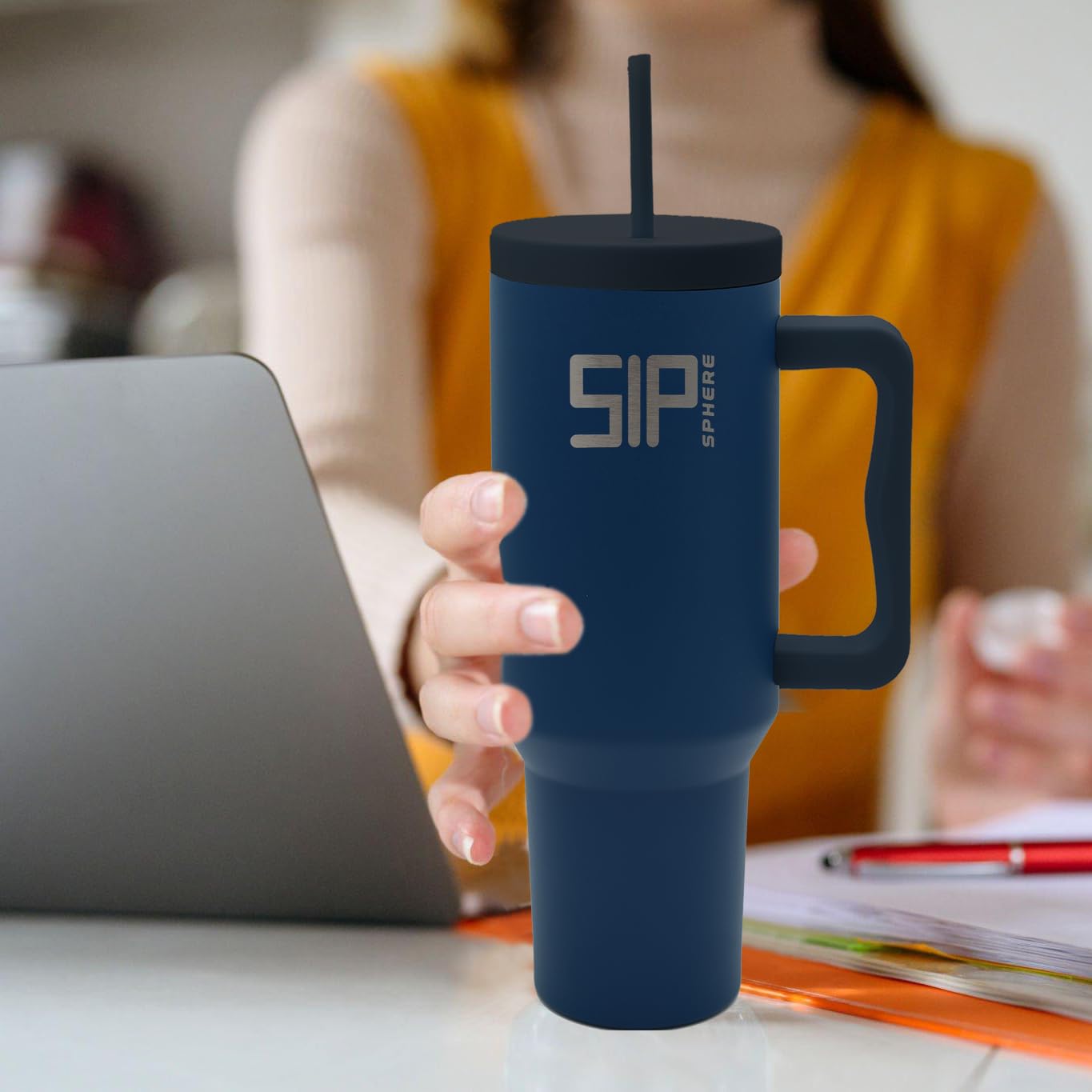 SIP SPHERE Tumbler 40oz Insulated Travel Mug with 2 Straws Double Wall Vacuum Insulated Car Cup Keeps Drinks Hot & Cold (Dark Blue)