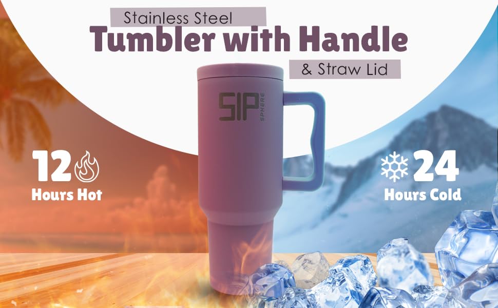 SIP SPHERE Tumbler 40oz Insulated Travel Mug with 2 Straws Double Wall Vacuum Insulated Car Cup Keeps Drinks Hot & Cold (Feather Purple)