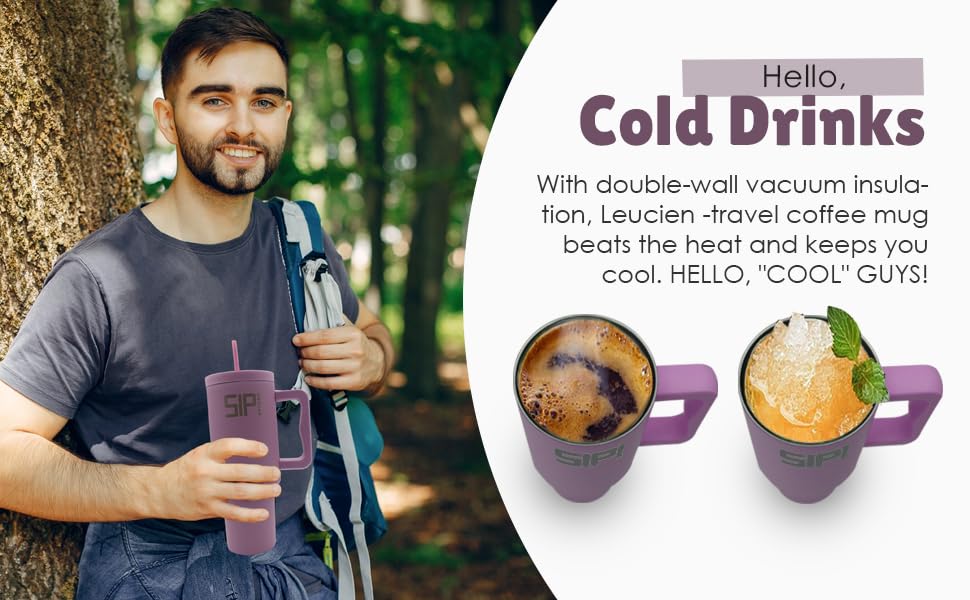 SIP SPHERE Tumbler 40oz Insulated Travel Mug with 2 Straws Double Wall Vacuum Insulated Car Cup Keeps Drinks Hot & Cold (Feather Purple)