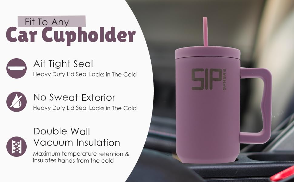 SIP SPHERE Tumbler 40oz Insulated Travel Mug with 2 Straws Double Wall Vacuum Insulated Car Cup Keeps Drinks Hot & Cold (Feather Purple)