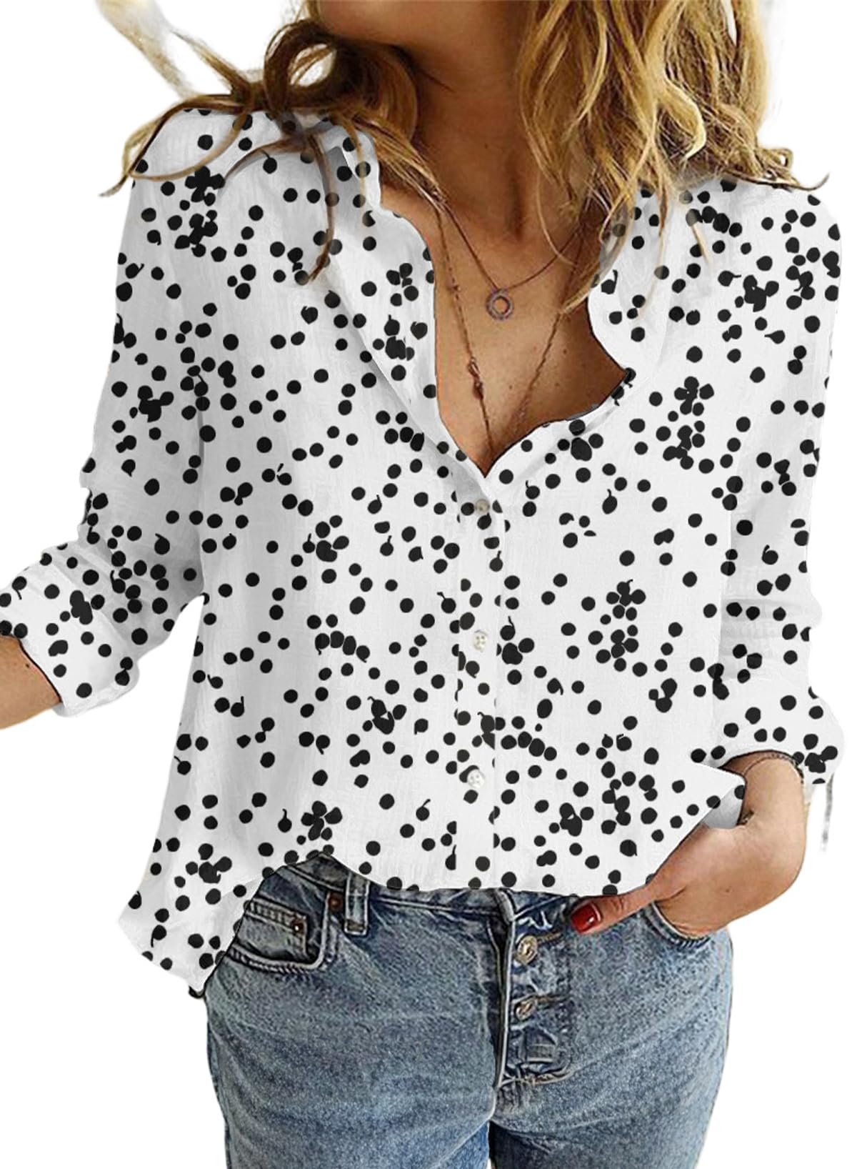 Dokotoo Womens Work Business Chiffon Button Down Blouses and Tops Loose Fit Dressy Alicia Floral Print V Neck Long Sleeve Shirts for Women Office Boho Top Trendy White Large
