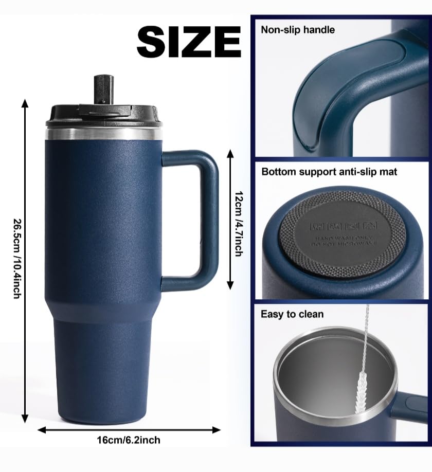 Klickpick Home 40 Ounce Stainless Steel Vaccum Insulated Thermal Tumbler With Handle Lid 2 straws, Reusable Travel Coffee Mug Cup Cupholder friendly, Keeps cold for 30 H, 100% Leakproof (Navy Blue)