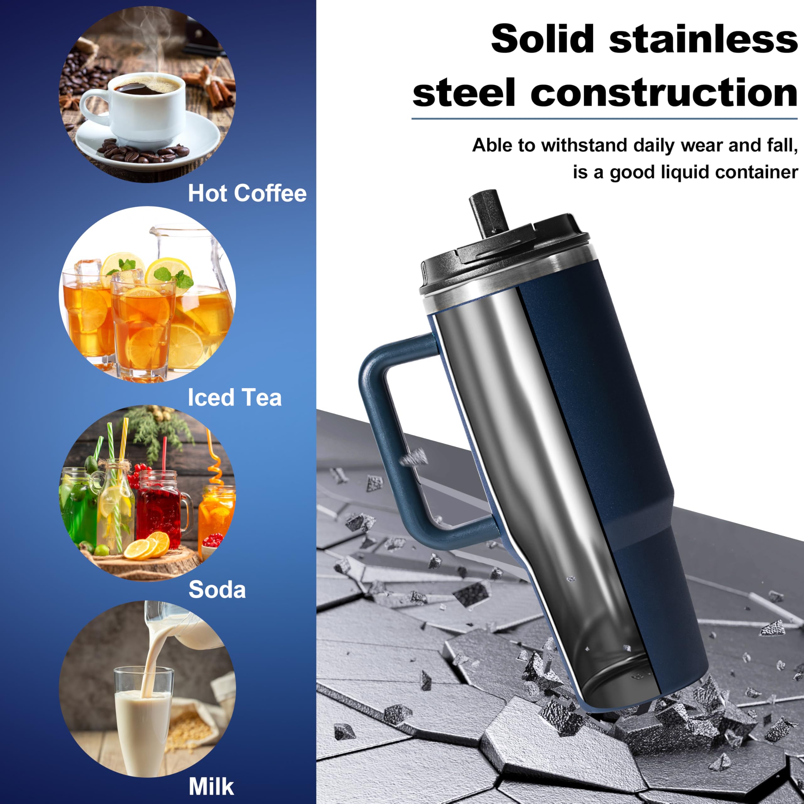 Klickpick Home 40 Ounce Stainless Steel Vaccum Insulated Thermal Tumbler With Handle Lid 2 straws, Reusable Travel Coffee Mug Cup Cupholder friendly, Keeps cold for 30 H, 100% Leakproof (Navy Blue)