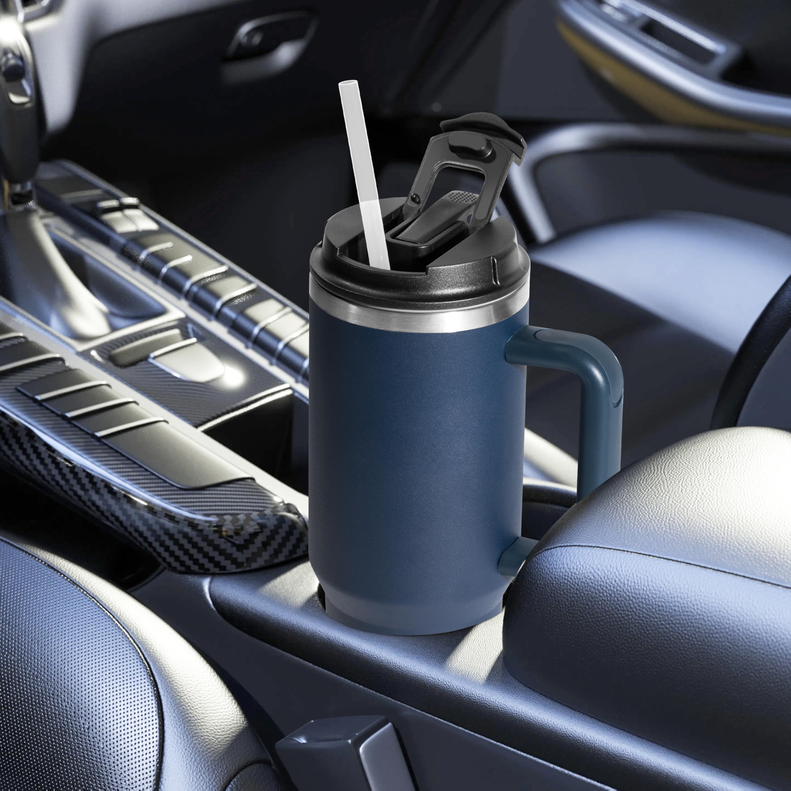 Klickpick Home 40 Ounce Stainless Steel Vaccum Insulated Thermal Tumbler With Handle Lid 2 straws, Reusable Travel Coffee Mug Cup Cupholder friendly, Keeps cold for 30 H, 100% Leakproof (Navy Blue)