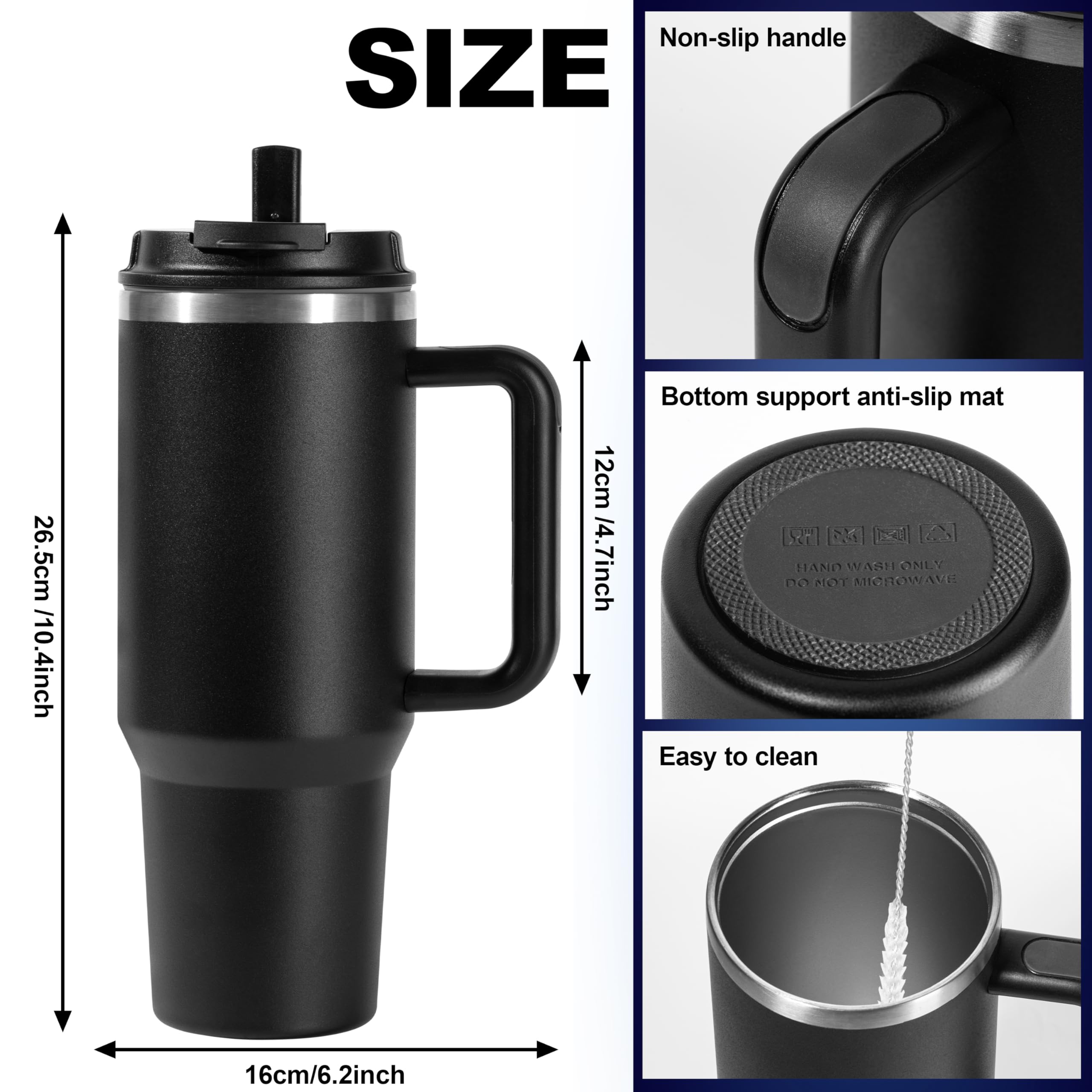 Klickpick Home 40 Ounce Stainless Steel Vaccum Insulated Thermal Tumbler With Handle Lid 2 straws, Reusable Travel Coffee Mug Cup Cupholder friendly, Keeps cold for 30 H, 100% Leakproof, Black