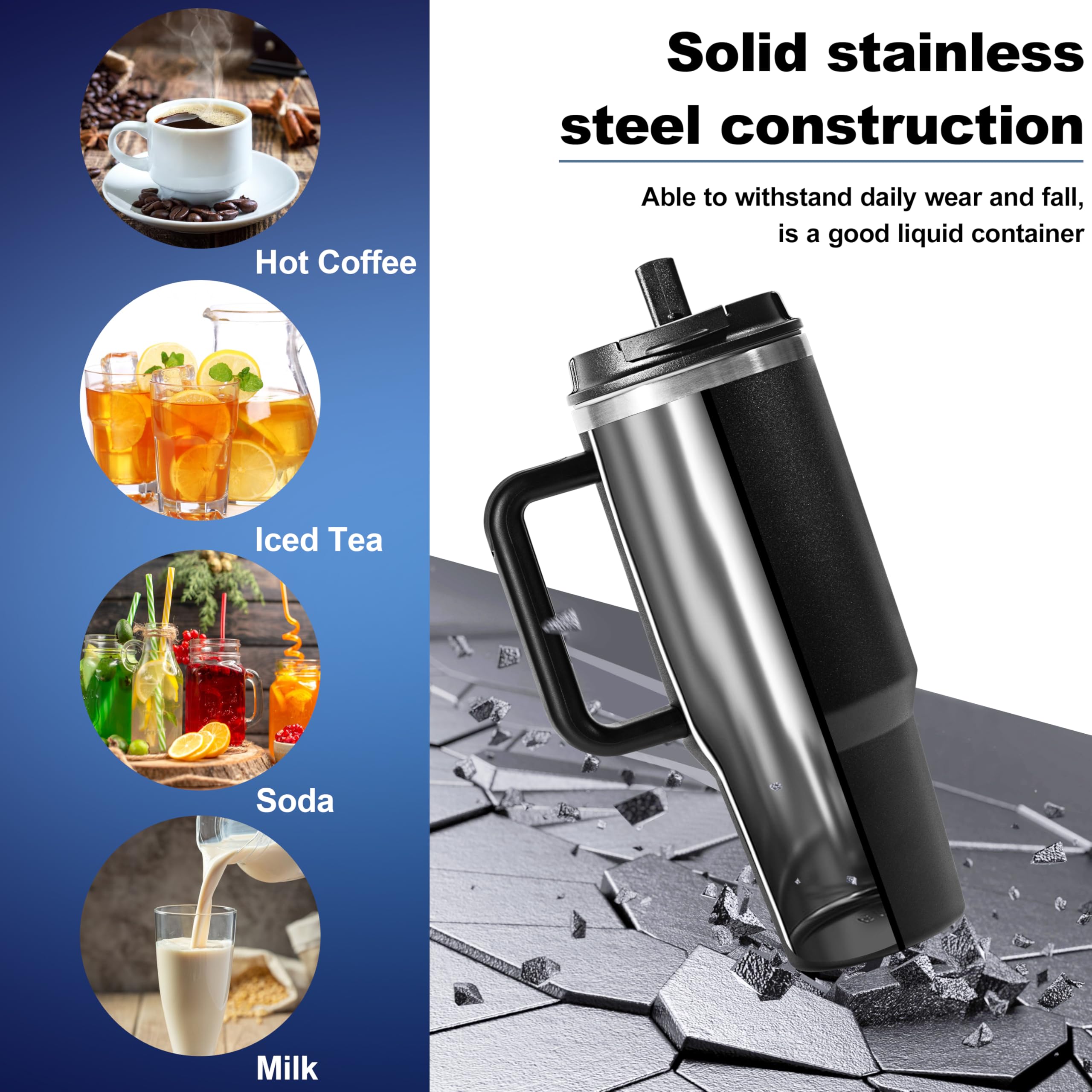 Klickpick Home 40 Ounce Stainless Steel Vaccum Insulated Thermal Tumbler With Handle Lid 2 straws, Reusable Travel Coffee Mug Cup Cupholder friendly, Keeps cold for 30 H, 100% Leakproof, Black