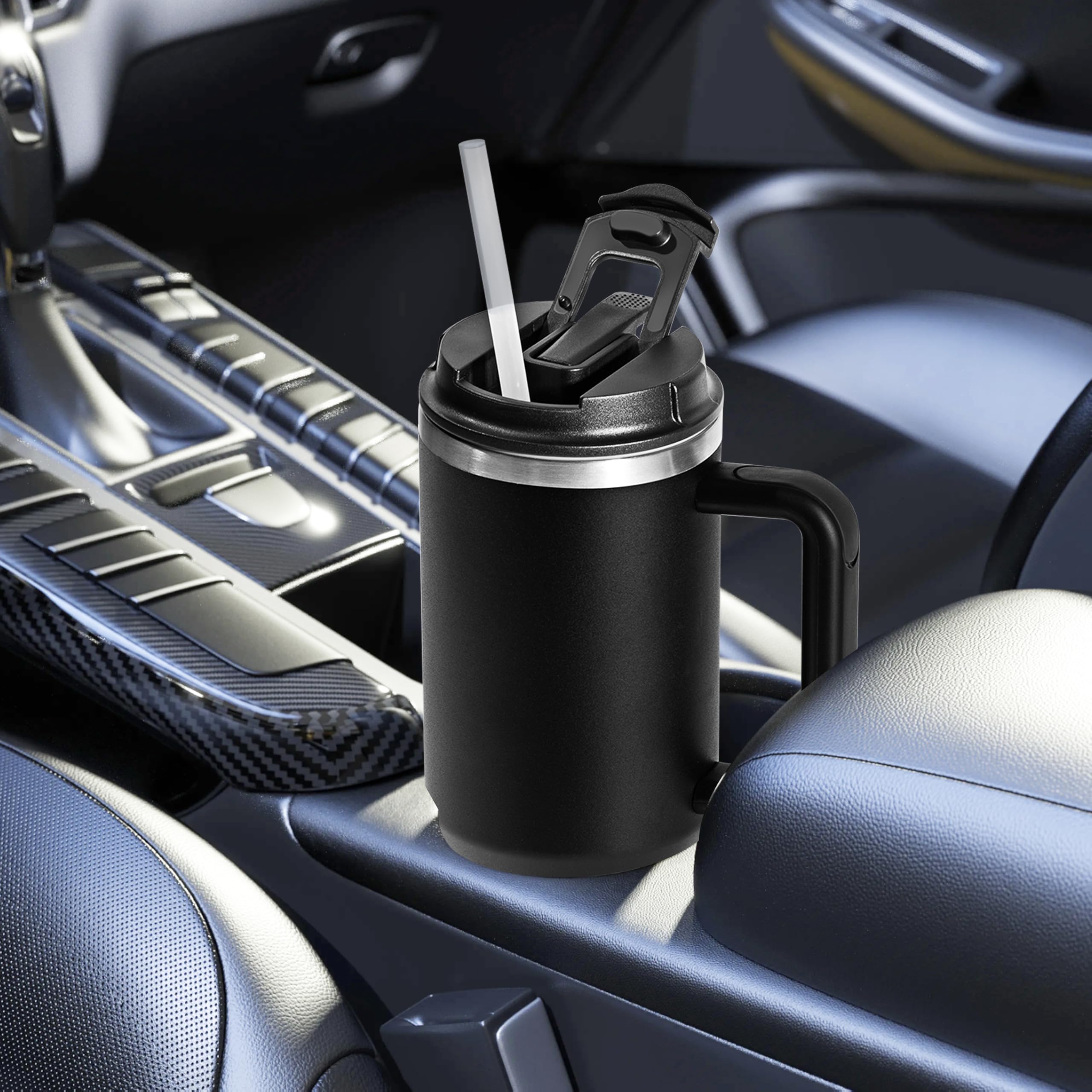 Klickpick Home 40 Ounce Stainless Steel Vaccum Insulated Thermal Tumbler With Handle Lid 2 straws, Reusable Travel Coffee Mug Cup Cupholder friendly, Keeps cold for 30 H, 100% Leakproof, Black