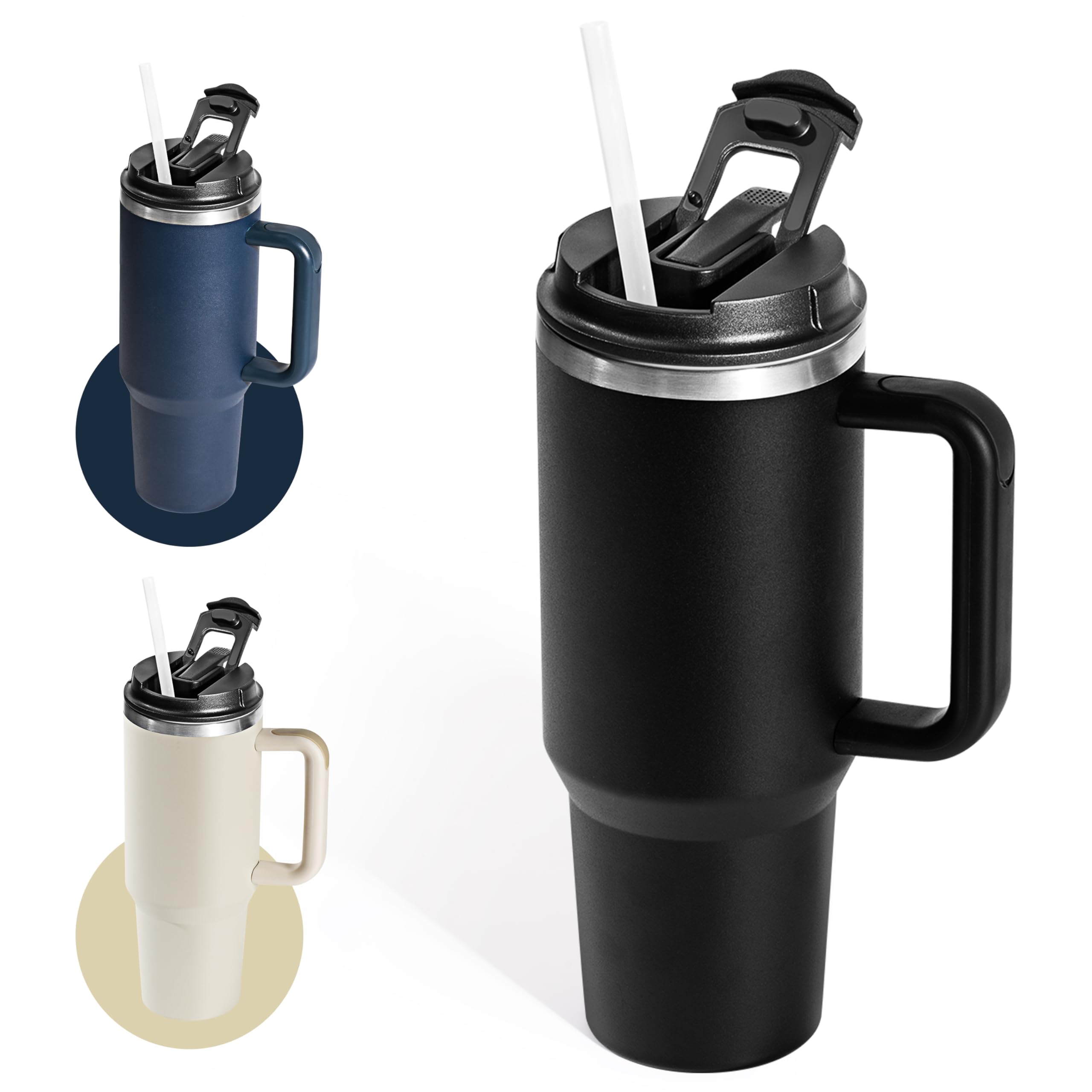 Klickpick Home 40 Ounce Stainless Steel Vaccum Insulated Thermal Tumbler With Handle Lid 2 straws, Reusable Travel Coffee Mug Cup Cupholder friendly, Keeps cold for 30 H, 100% Leakproof, Black