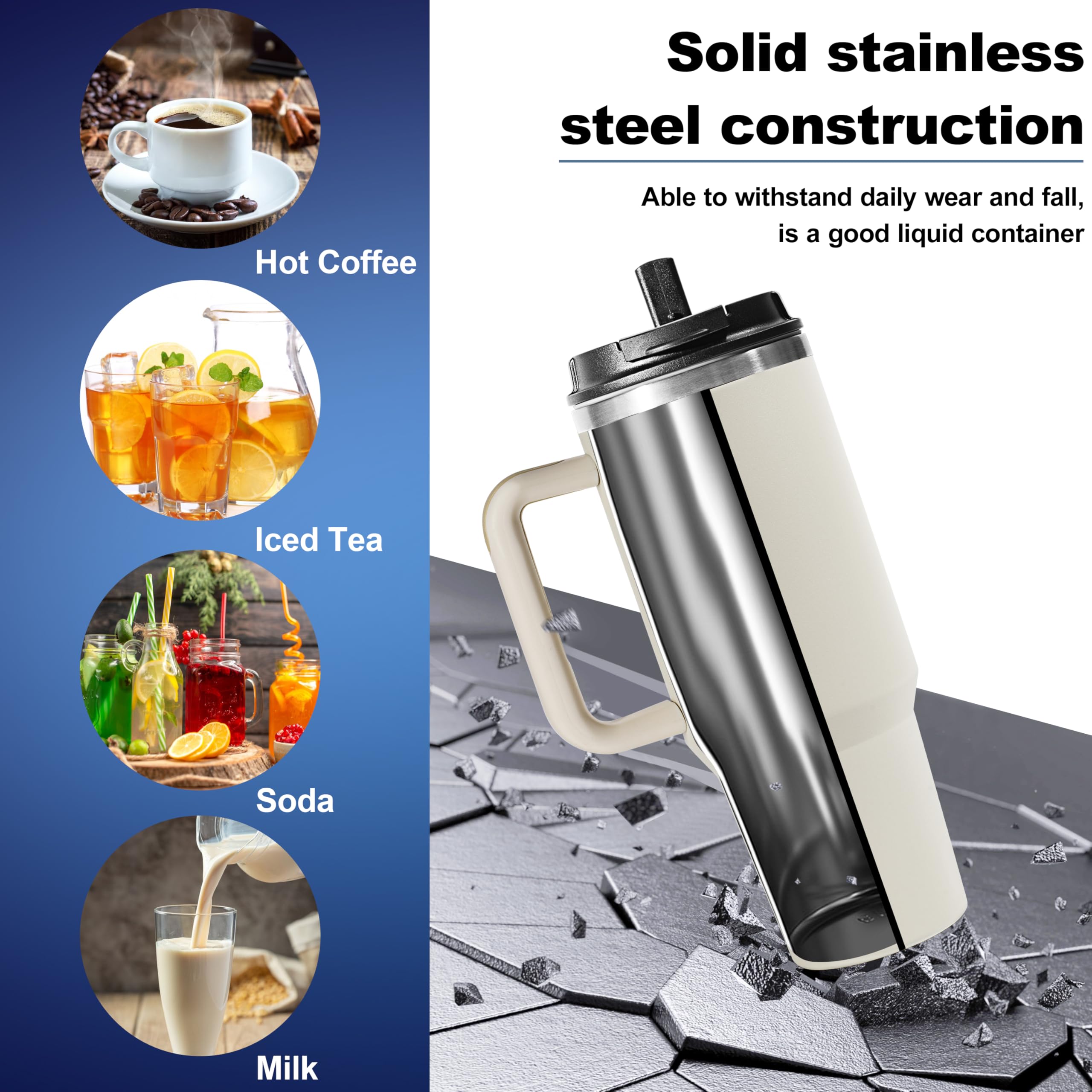 Klickpick Home 40 Ounce Stainless Steel Vaccum Insulated Thermal Tumbler With Handle Lid 2 straws, Reusable Travel Coffee Mug Cup Cupholder friendly, Keeps cold for 30 H, 100% Leakproof (Cream)