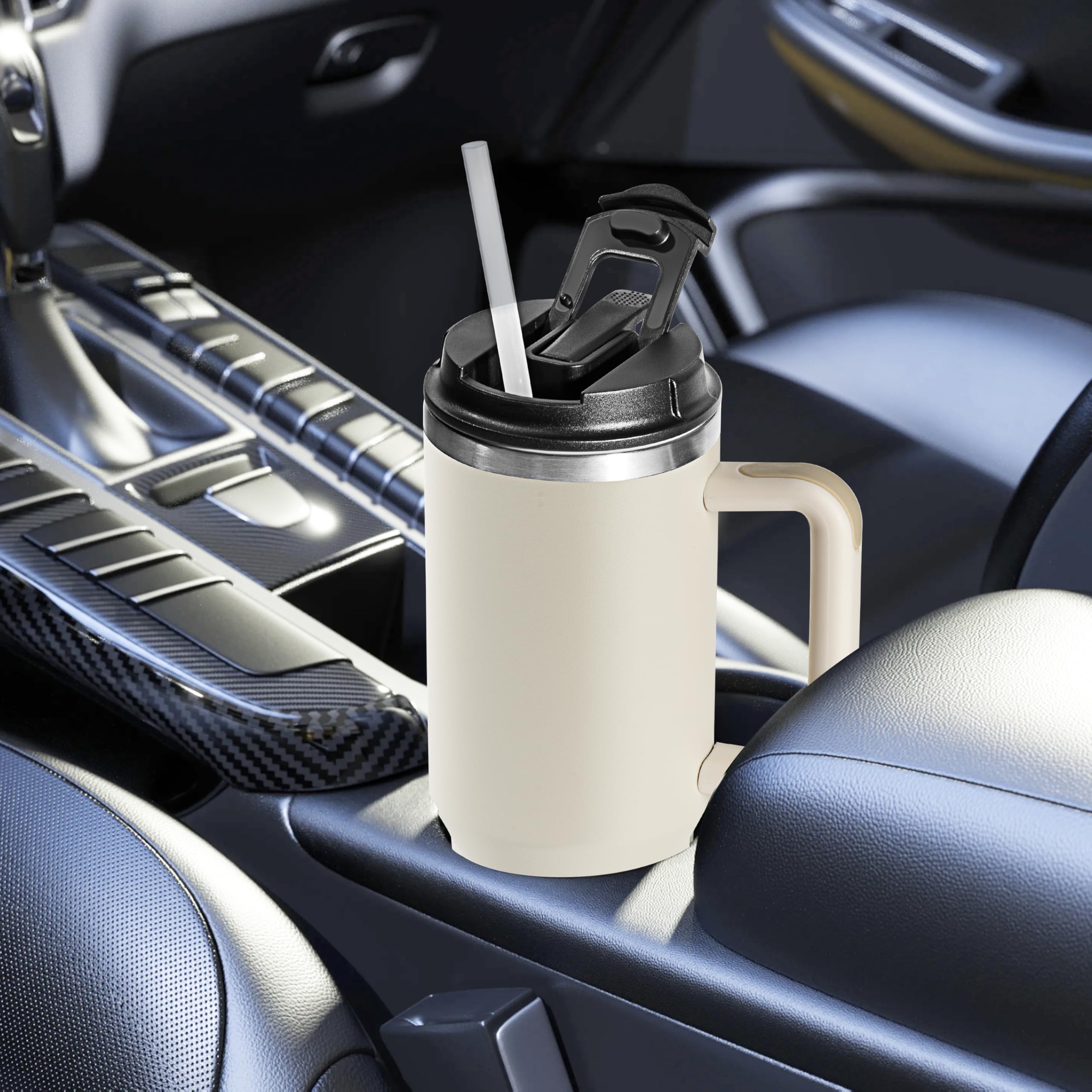 Klickpick Home 40 Ounce Stainless Steel Vaccum Insulated Thermal Tumbler With Handle Lid 2 straws, Reusable Travel Coffee Mug Cup Cupholder friendly, Keeps cold for 30 H, 100% Leakproof (Cream)