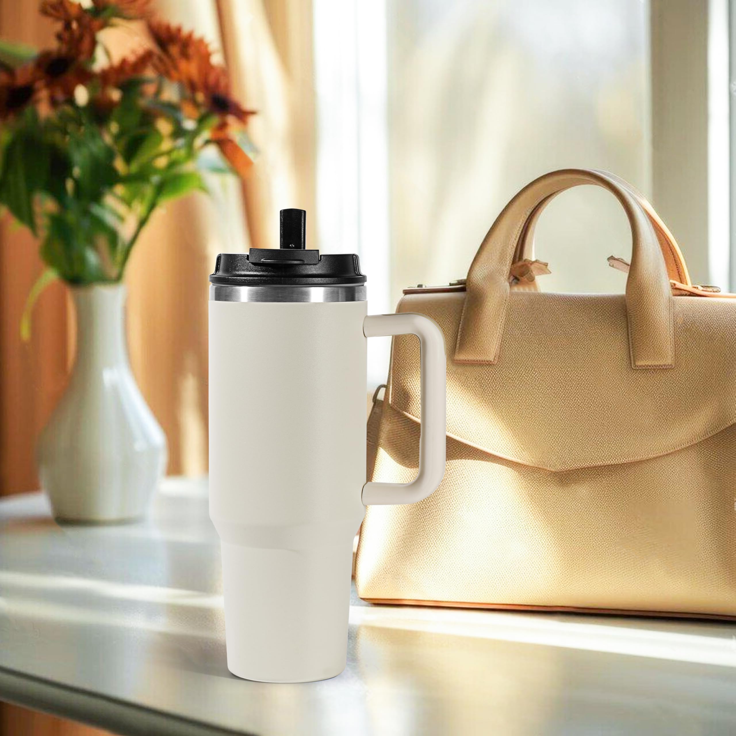 Klickpick Home 40 Ounce Stainless Steel Vaccum Insulated Thermal Tumbler With Handle Lid 2 straws, Reusable Travel Coffee Mug Cup Cupholder friendly, Keeps cold for 30 H, 100% Leakproof (Cream)