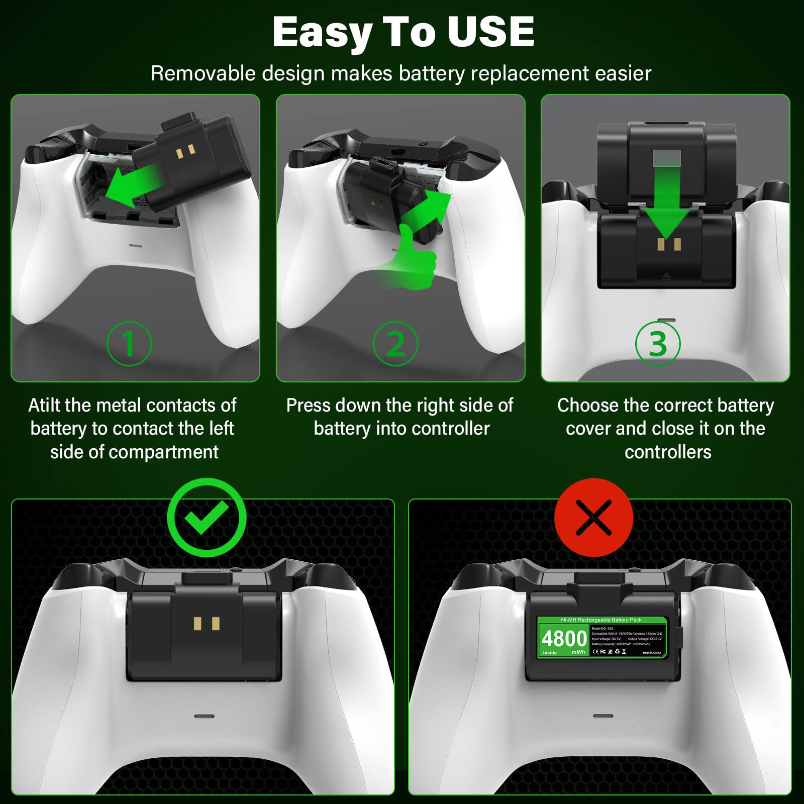 Rechargeable Controller Battery Pack for Xbox,2x4800mWh(2000mAh) Batteries Pack with USB-C Charging Cable for Xbox Series S|X/Xbox One S/One X/One Elite Remote Play and Charge Kit with 4 Cover(2 Pack)