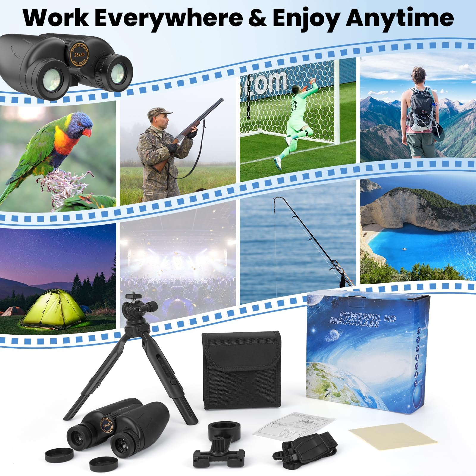 25X30 HD Binoculars for Adults with Universal Phone Adapter,Tripod and Tripod Adapter- Large View Waterproof Binoculars with Super Bright for Bird Watching,Hunting,Theater and Concerts