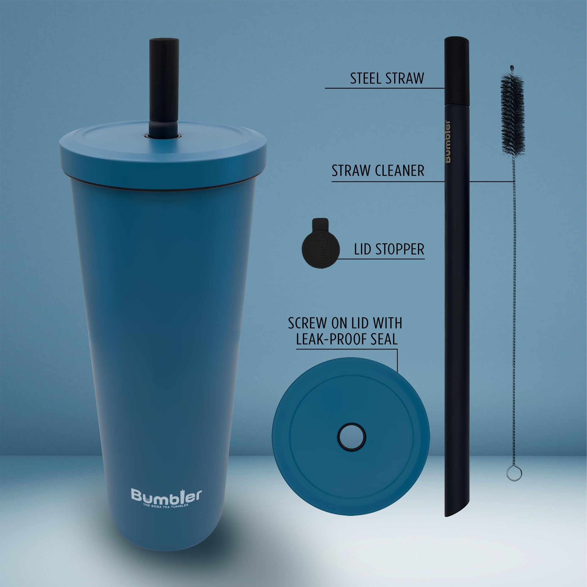 Stainless Steel Bubble Tea Cup - Bumbler 24oz Large Reusable Eco-Friendly Tumbler with Wide Soft Tip Metal Straw, Leak-Proof Lid - for Boba, Smoothies, Iced Coffee, Hot or Cold Drinks - Blue Eclipse
