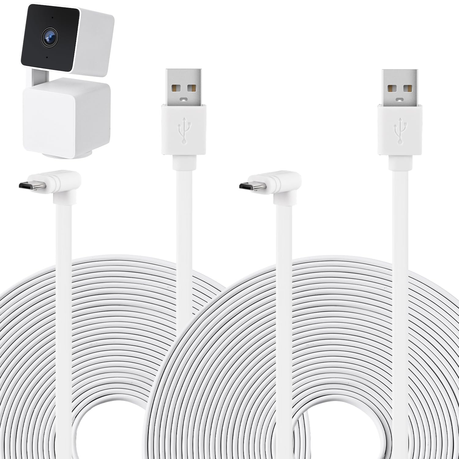 delilyn 2Pack 25FT/7.5M Power Extension Cable Compatible with WYZE Cam Pan V3, 90 Degree Micro USB Extension Charging Cable for Your WYZE Cam Pan V3 Continuously, L-Shaped Flat Power Cord-White