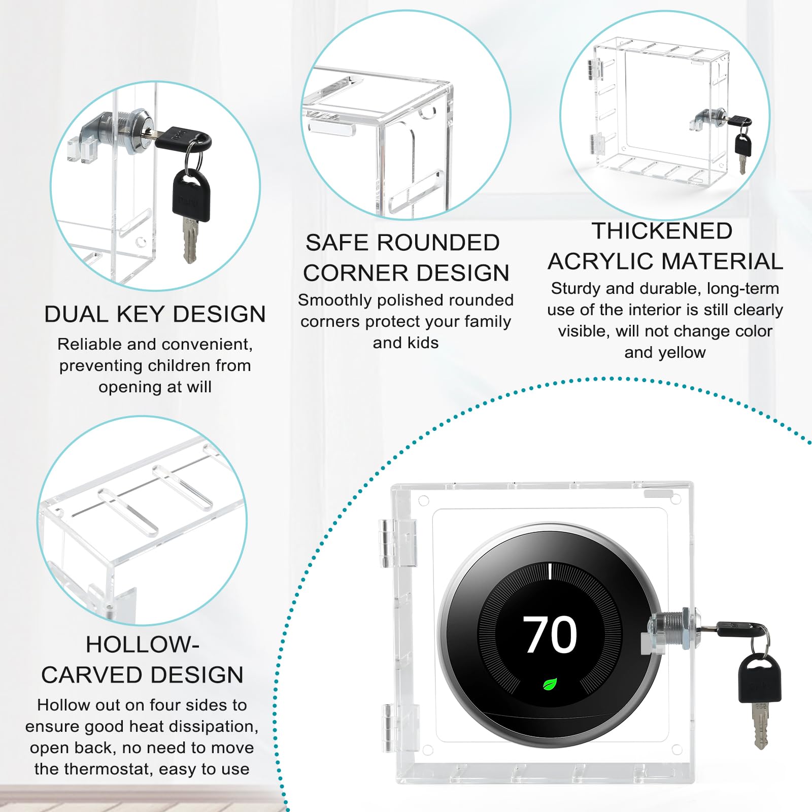 SUTINE Thermostat Lock Box with Key, Universal Thermostat Cover with Lock, Small Thermostat Lock Box Guard, Clear AC Lock Box Compatible with Nest Thermostat On Wall 4.8" H x 4.53" W or Smaller