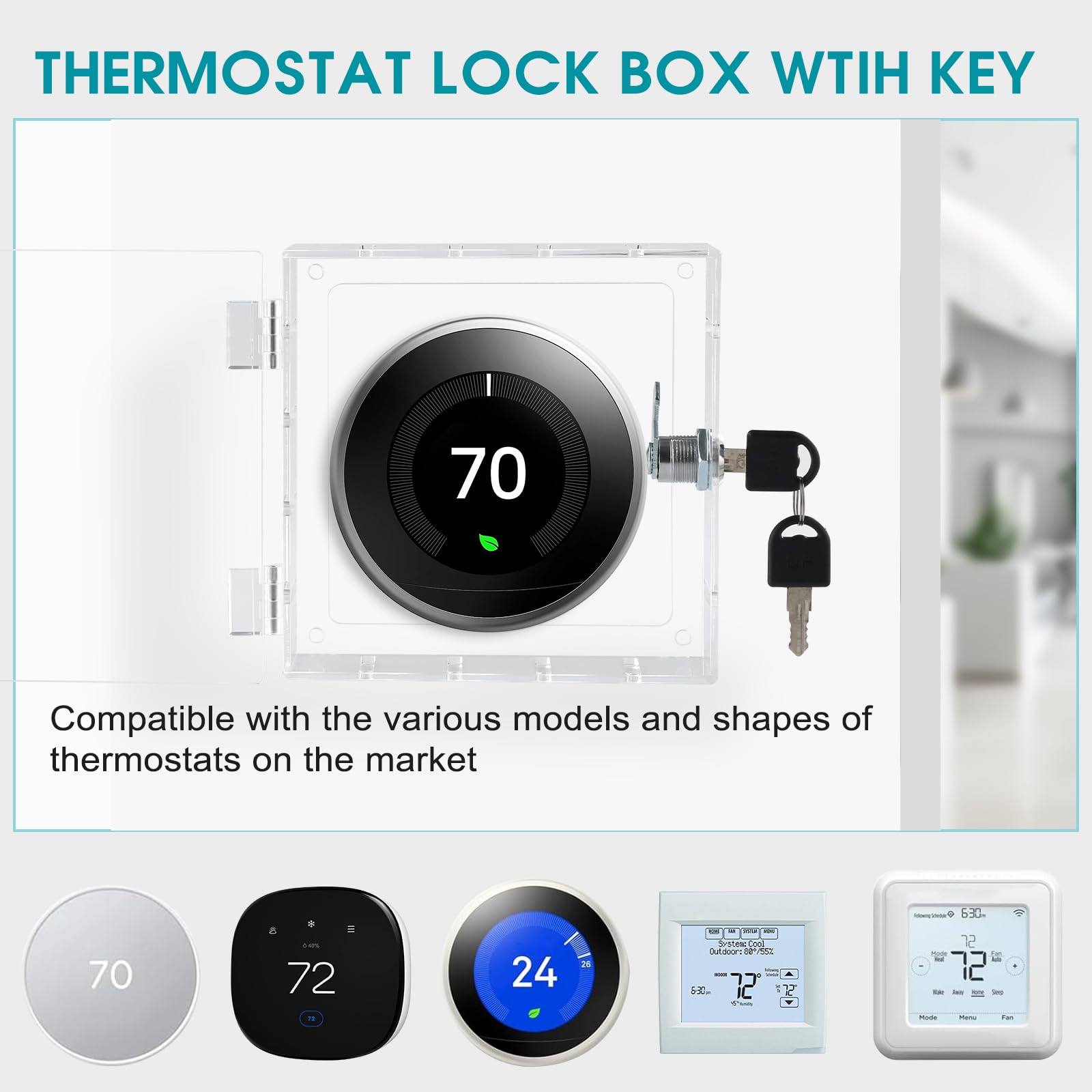SUTINE Thermostat Lock Box with Key, Universal Thermostat Cover with Lock, Small Thermostat Lock Box Guard, Clear AC Lock Box Compatible with Nest Thermostat On Wall 4.8" H x 4.53" W or Smaller
