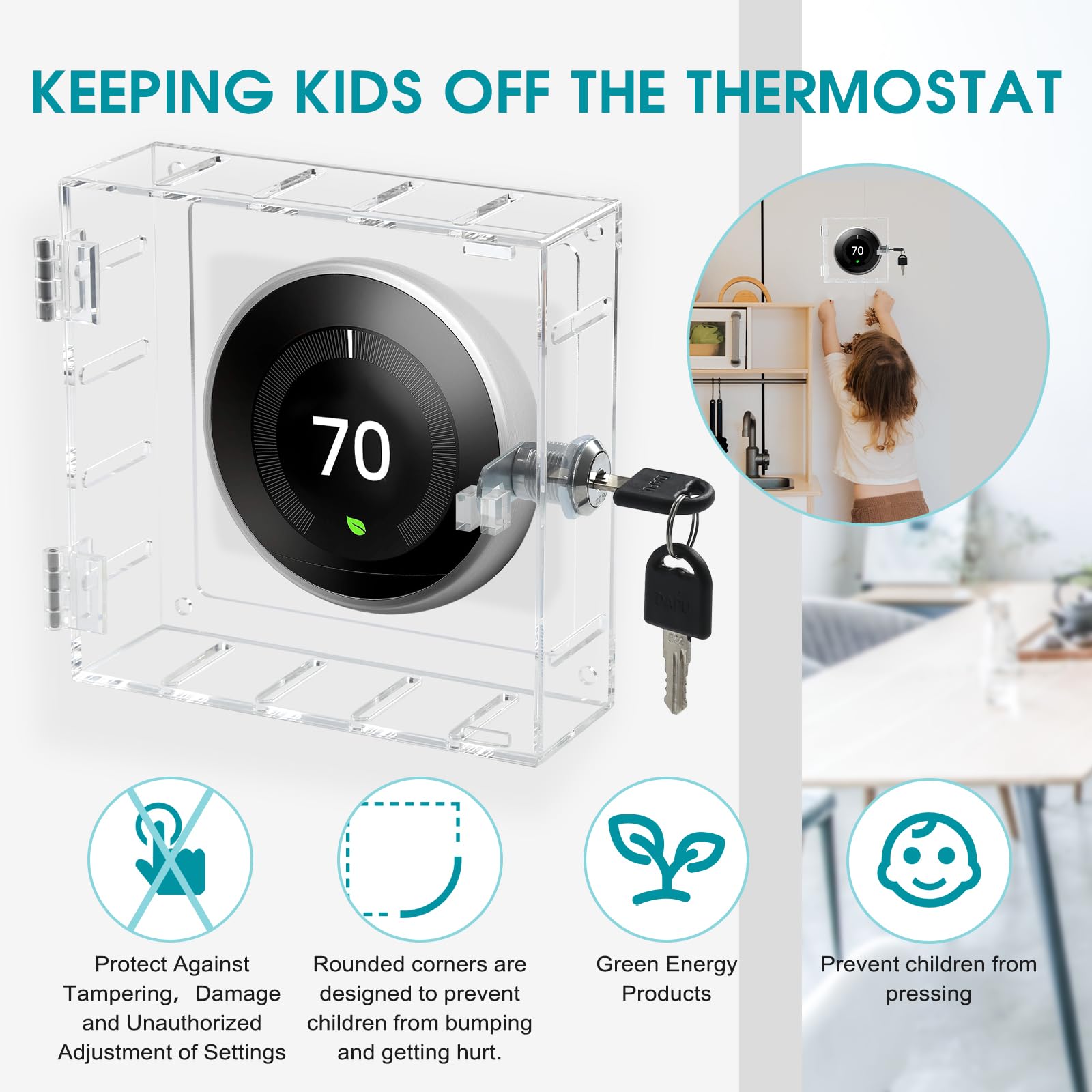 SUTINE Thermostat Lock Box with Key, Universal Thermostat Cover with Lock, Small Thermostat Lock Box Guard, Clear AC Lock Box Compatible with Nest Thermostat On Wall 4.8" H x 4.53" W or Smaller