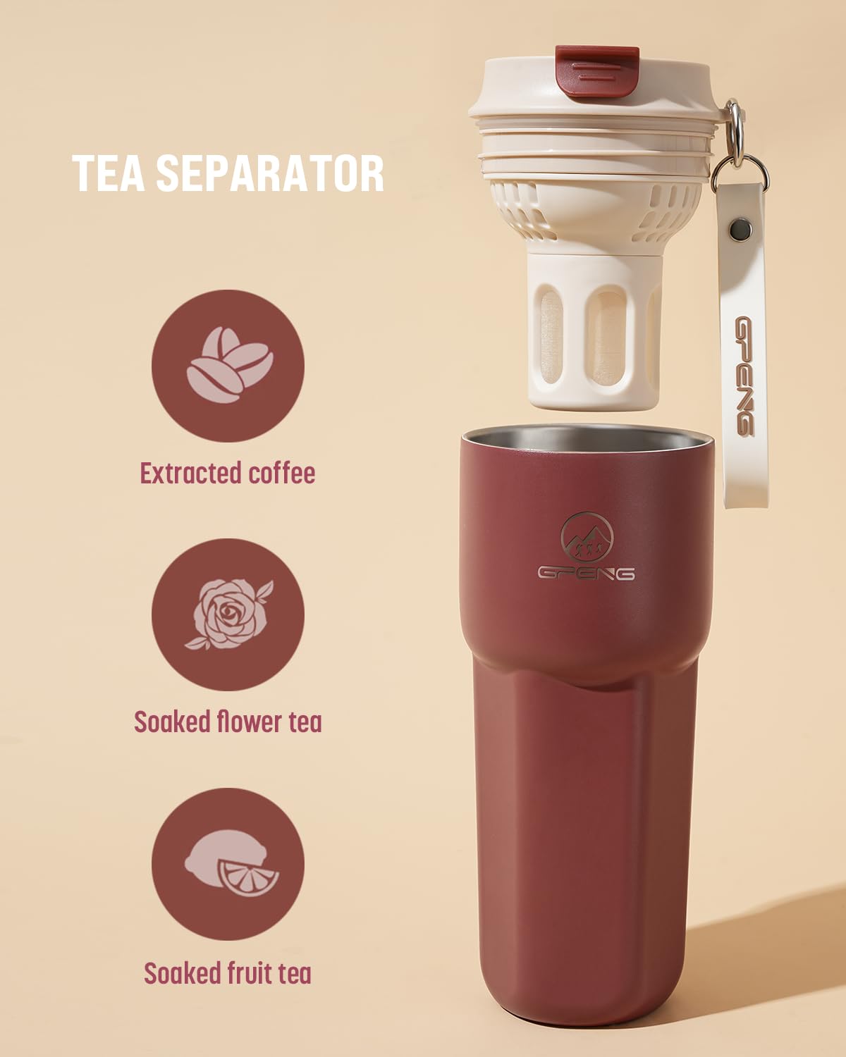 Gpeng 20 oz Insulated Stainless Steel Coffee Mug & Water Bottle with Tea Separation, Straw Lid, and Cup Holder - Keeps Drinks Hot or Cold for Hours. Perfect for Travel and Outdoor Activities!