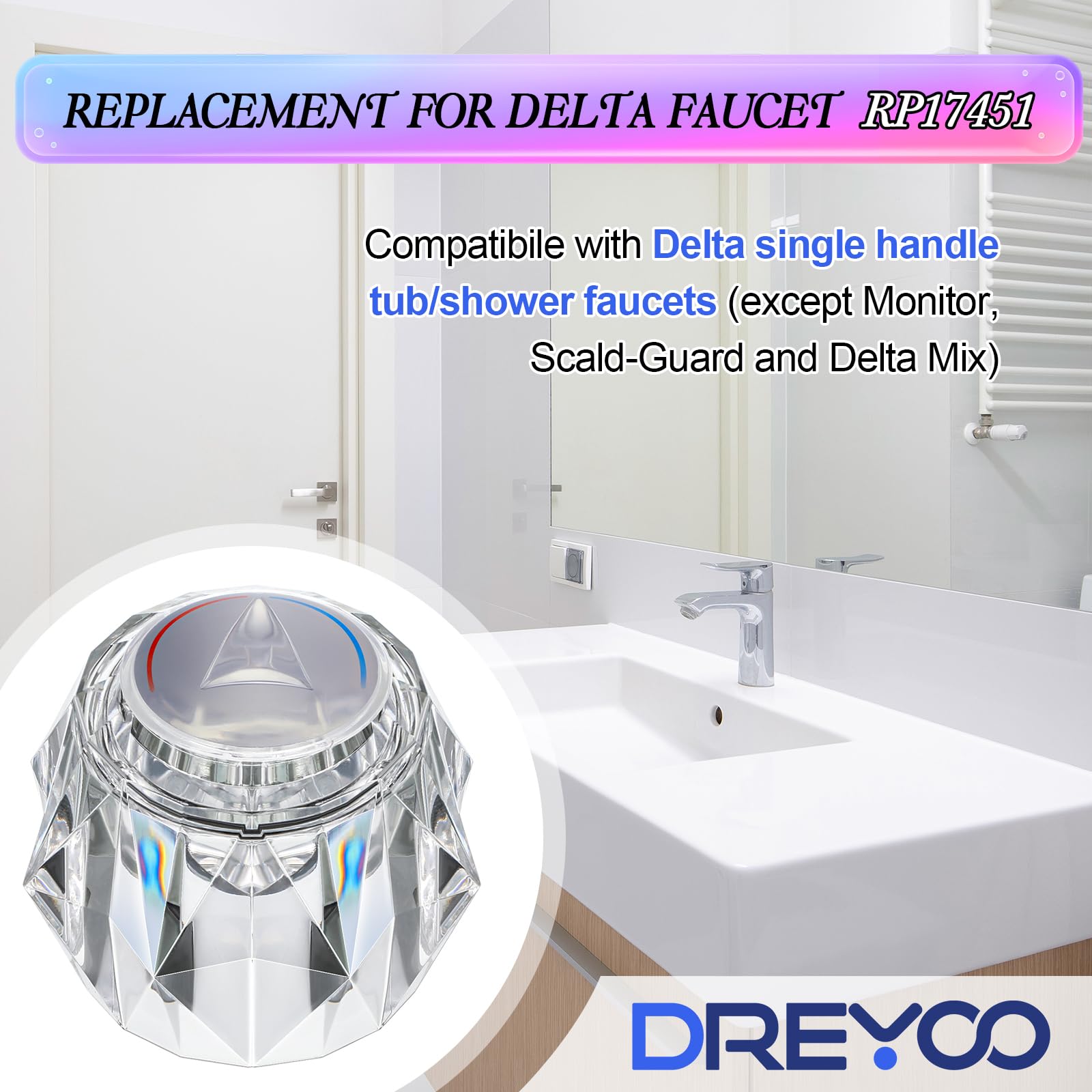 Dreyoo 2 Pack Faucet Handle Compatible with Delta Faucet RP17451, Replacement Faucet Handle with Offset Hole for Shower/Tub, 2-1/2'' x 2-1/8'' Faucet Knob, Single Knob Handle, Clear Acrylic Finish