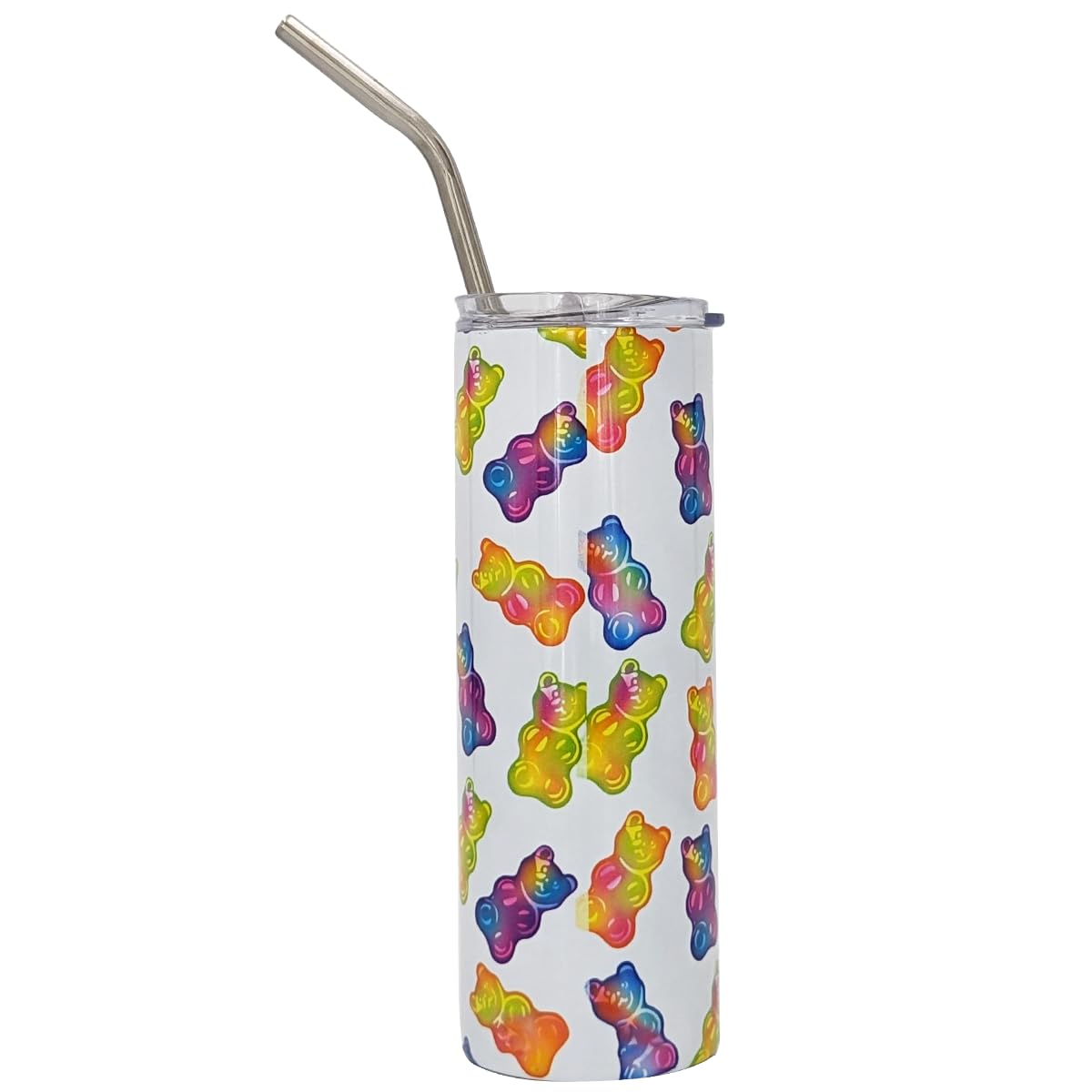 Siesta Drinkware - Personalized 20oz Food Theme Skinny Tumbler - Silicone Nonslip bottom and Double wall Vacuum Insulated - Stainless Steel (Gummy Bears White, Without Customization)