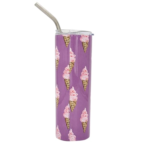 Siesta Drinkware - Personalized 20oz Food Theme Skinny Tumbler - Silicone Nonslip bottom and Double wall Vacuum Insulated - Stainless Steel (Ice Cream Cones, Without Customization)