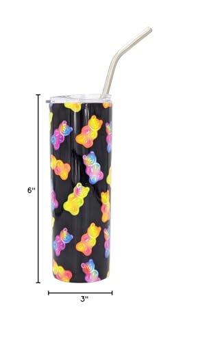 Siesta Drinkware - Personalized 20oz Food Theme Skinny Tumbler - Silicone Nonslip bottom and Double wall Vacuum Insulated - Stainless Steel (Gummy Bears Black, Without Customization)
