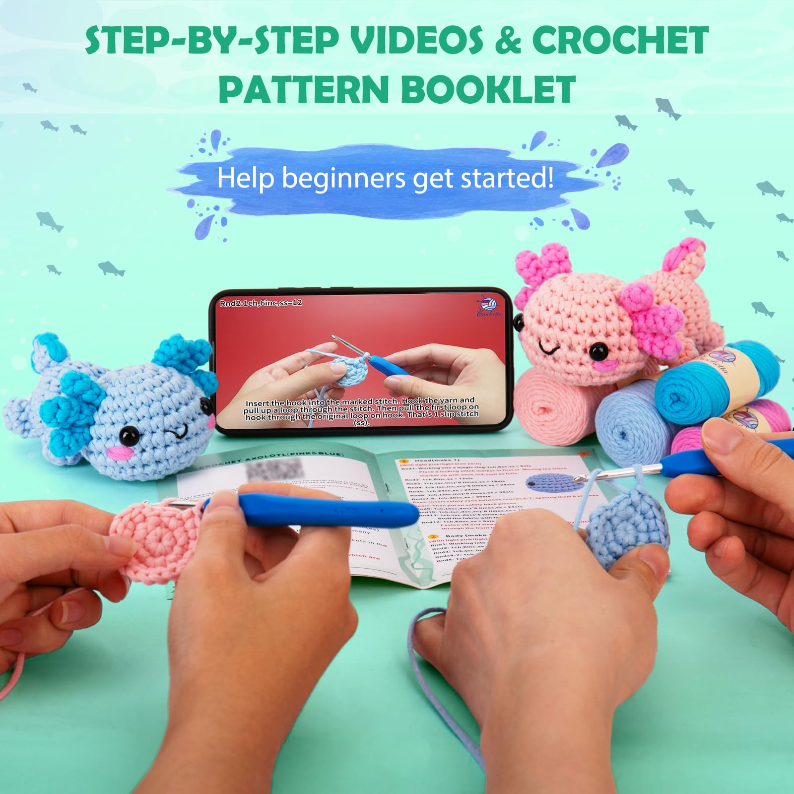 Crochet Kit for Beginner, Crochet Starter Kit w Step-by-Step Video Tutorials, Crochet Kit for Beginners, Beginner Crochet Kits for Adult Kid Women Men Complete Kit Included (Axolotl 2Pack)