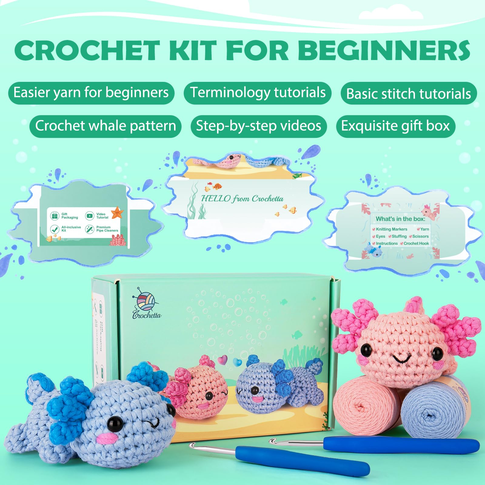 Crochet Kit for Beginner, Crochet Starter Kit w Step-by-Step Video Tutorials, Crochet Kit for Beginners, Beginner Crochet Kits for Adult Kid Women Men Complete Kit Included (Axolotl 2Pack)