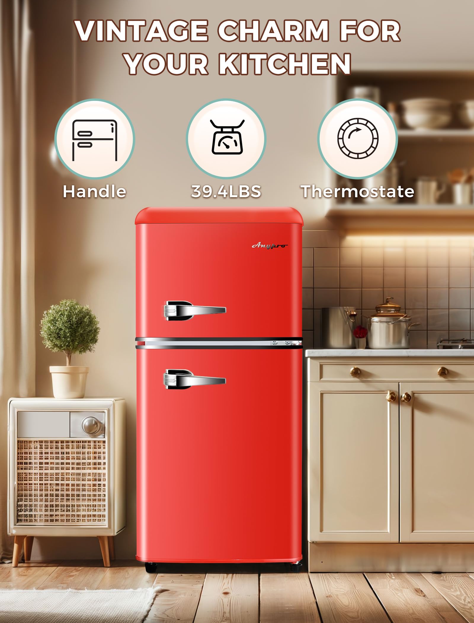 Anypro 3.2 Cu.Ft Refrigerator, Retro Double Door Fridge with Freezer, 7 Adjustable Temperature Settings, Removable Glass Shelves for Dorm, Office, Bedroom, Apartment, Red