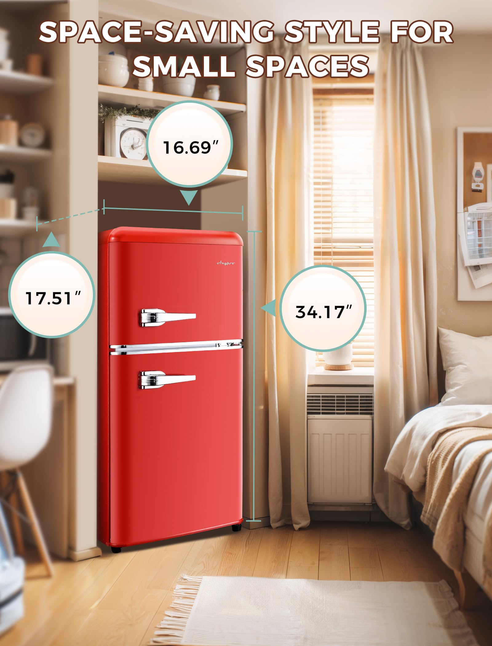 Anypro 3.2 Cu.Ft Refrigerator, Retro Double Door Fridge with Freezer, 7 Adjustable Temperature Settings, Removable Glass Shelves for Dorm, Office, Bedroom, Apartment, Red