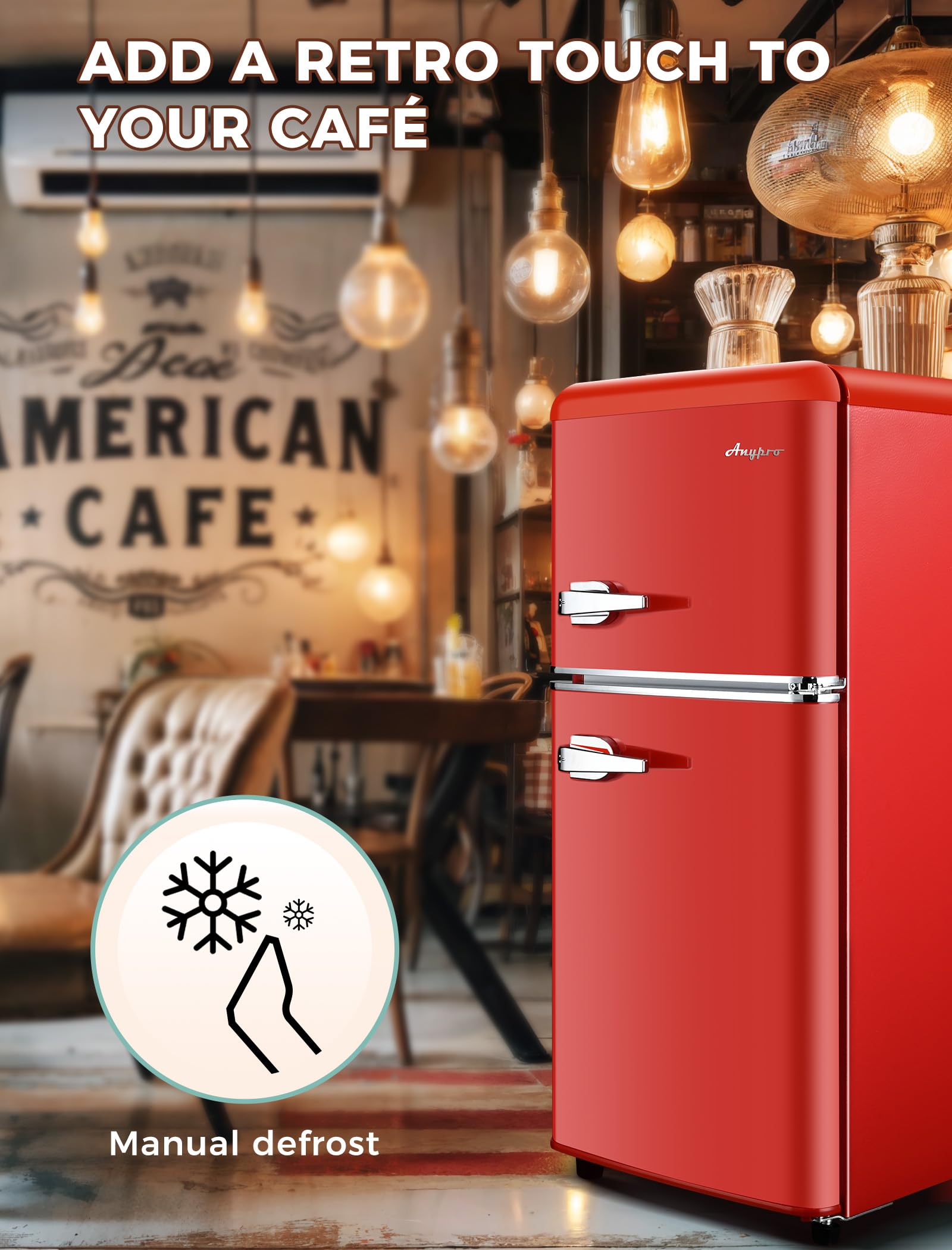 Anypro 3.2 Cu.Ft Refrigerator, Retro Double Door Fridge with Freezer, 7 Adjustable Temperature Settings, Removable Glass Shelves for Dorm, Office, Bedroom, Apartment, Red