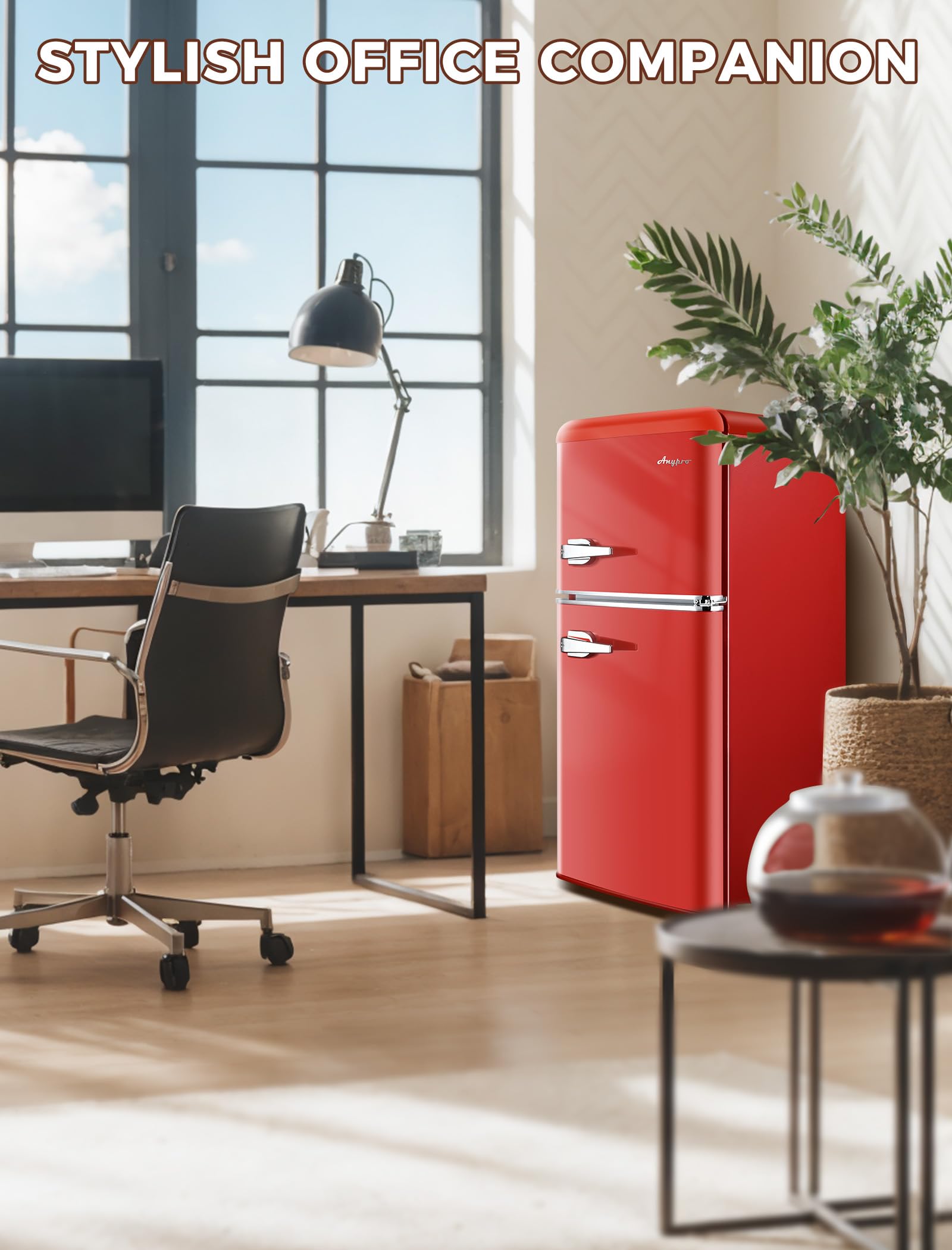 Anypro 3.2 Cu.Ft Refrigerator, Retro Double Door Fridge with Freezer, 7 Adjustable Temperature Settings, Removable Glass Shelves for Dorm, Office, Bedroom, Apartment, Red