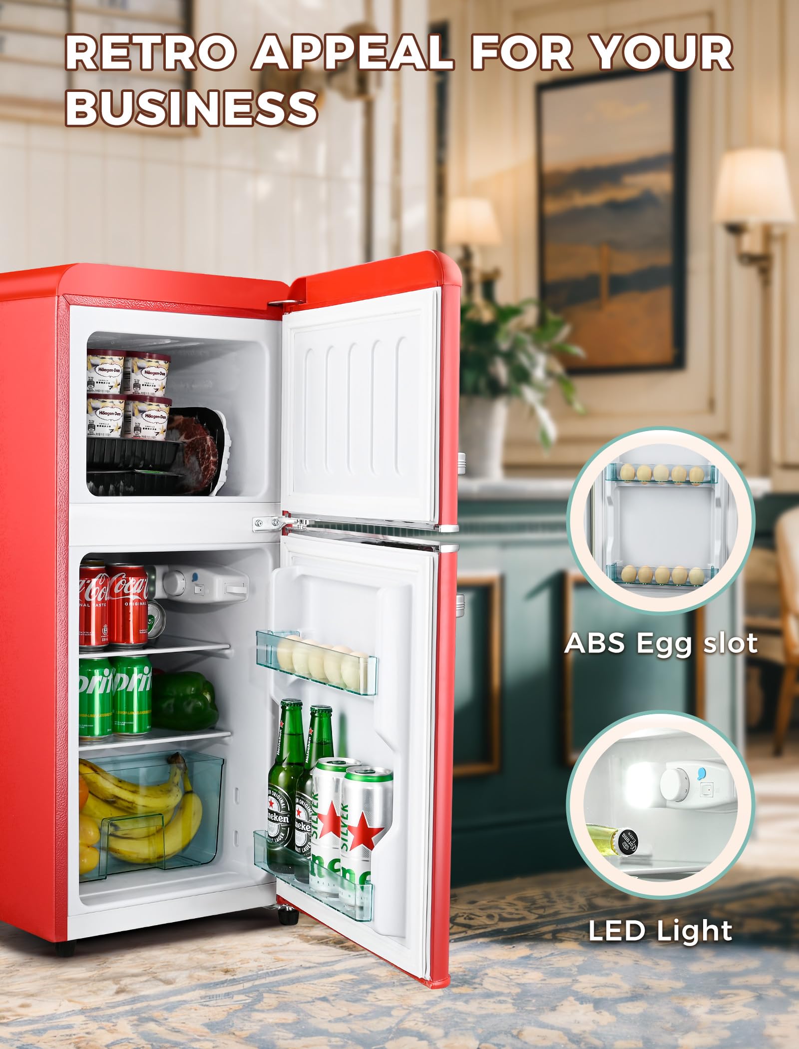 Anypro 3.2 Cu.Ft Refrigerator, Retro Double Door Fridge with Freezer, 7 Adjustable Temperature Settings, Removable Glass Shelves for Dorm, Office, Bedroom, Apartment, Red