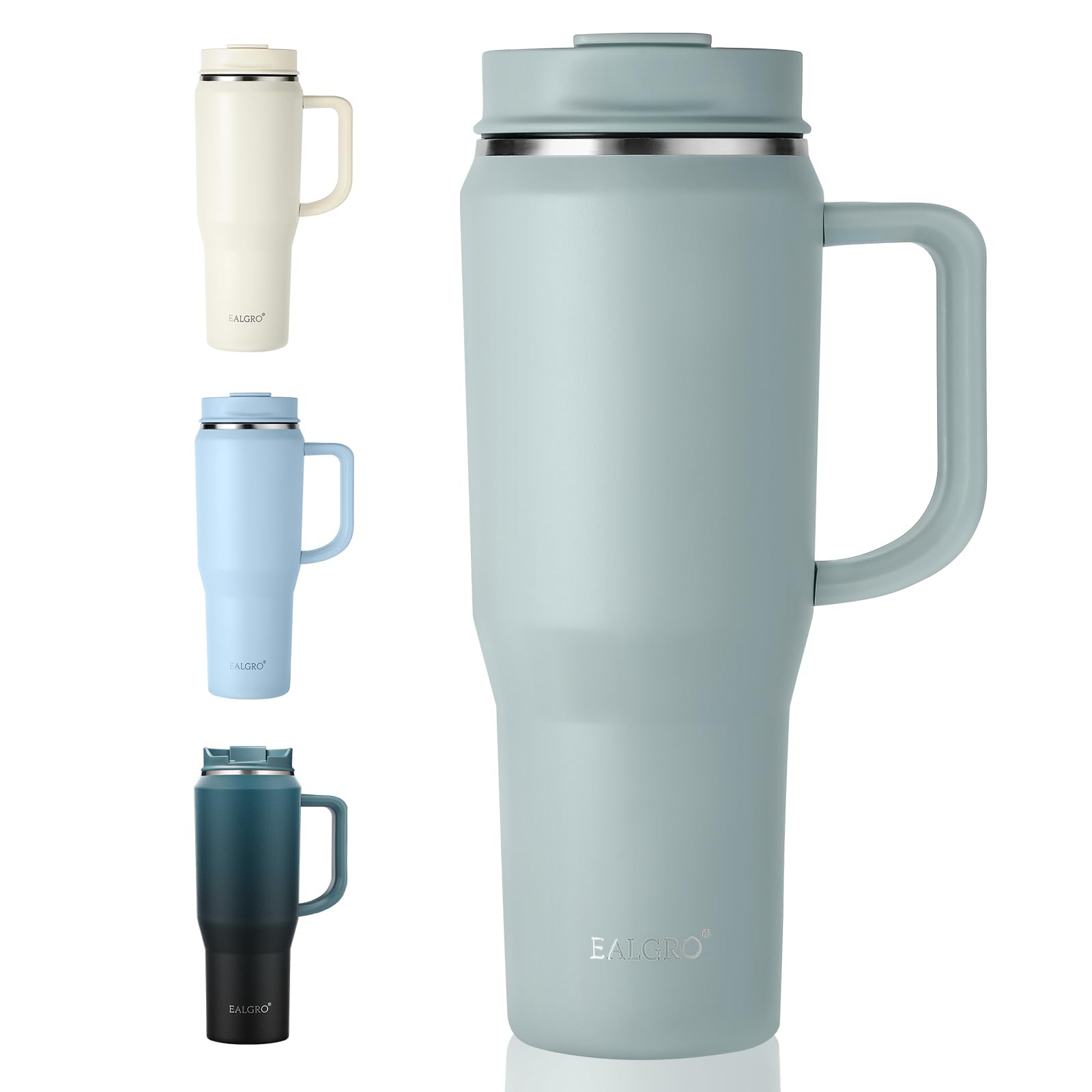EALGRO 40 oz Tumbler with Handle, Insulated Tumblers with Lid and Straw, Large Metal Sports Water Bottle Jug, Thermal Stainless Steel Travel Coffee Mug Cup, Sage Green